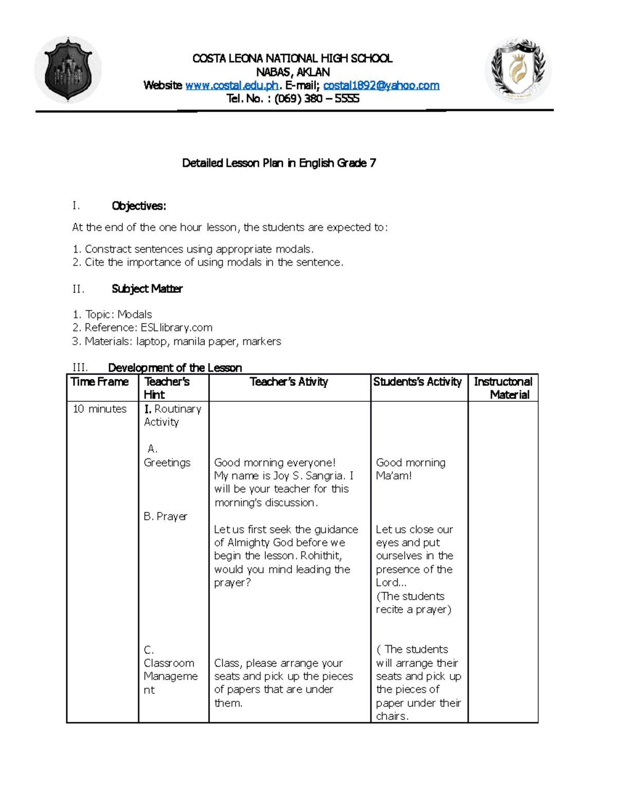 Detailed Lesson Plan: Teaching Modals in English Grade 7 - Studocu