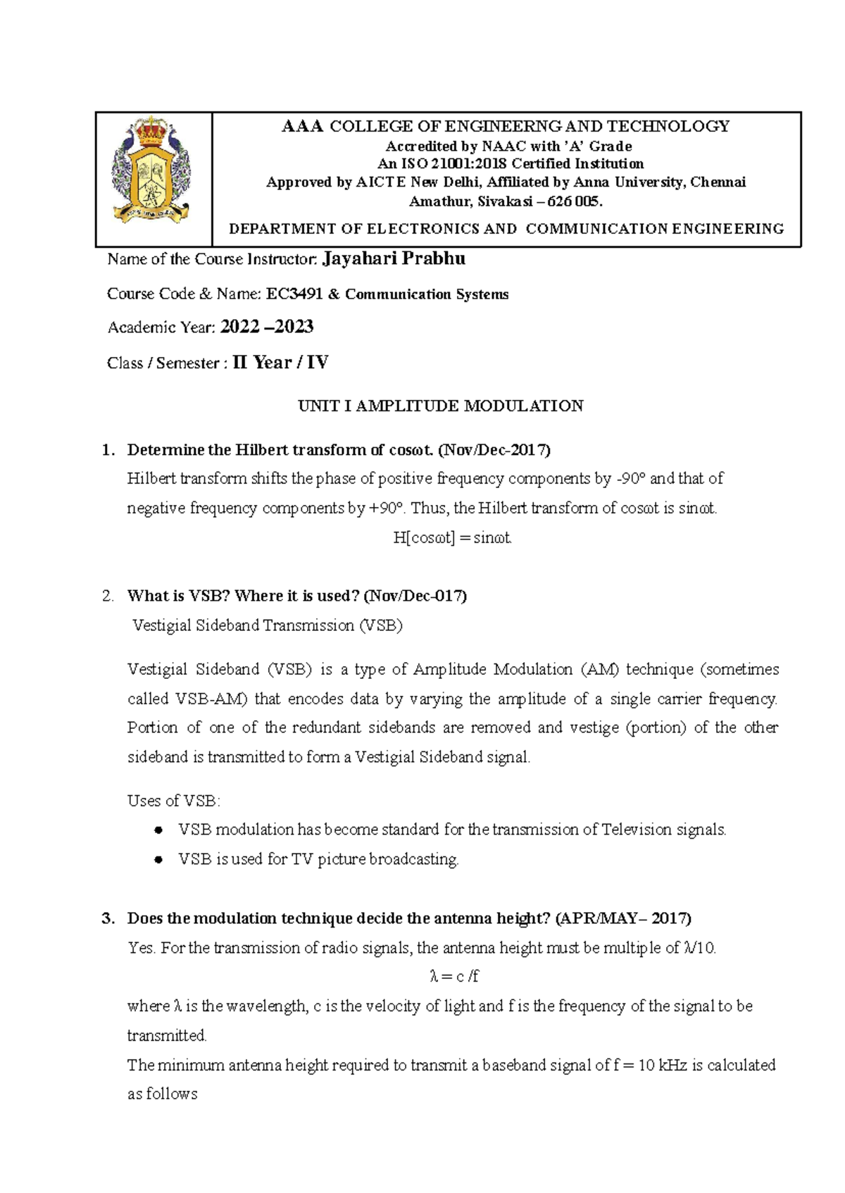 Unit I 2 Marks Questions - EC3491 Communication Systems - Studocu