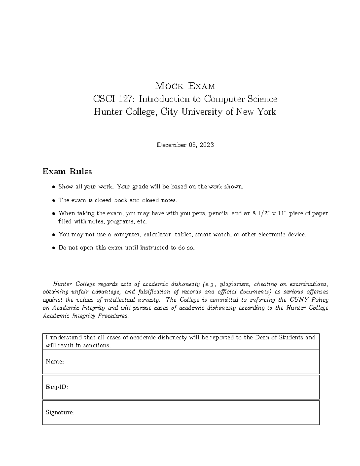 Csci127 Mock Exam F23 Nice Mock Exam Csci 127 Introduction To Computer Science Hunter