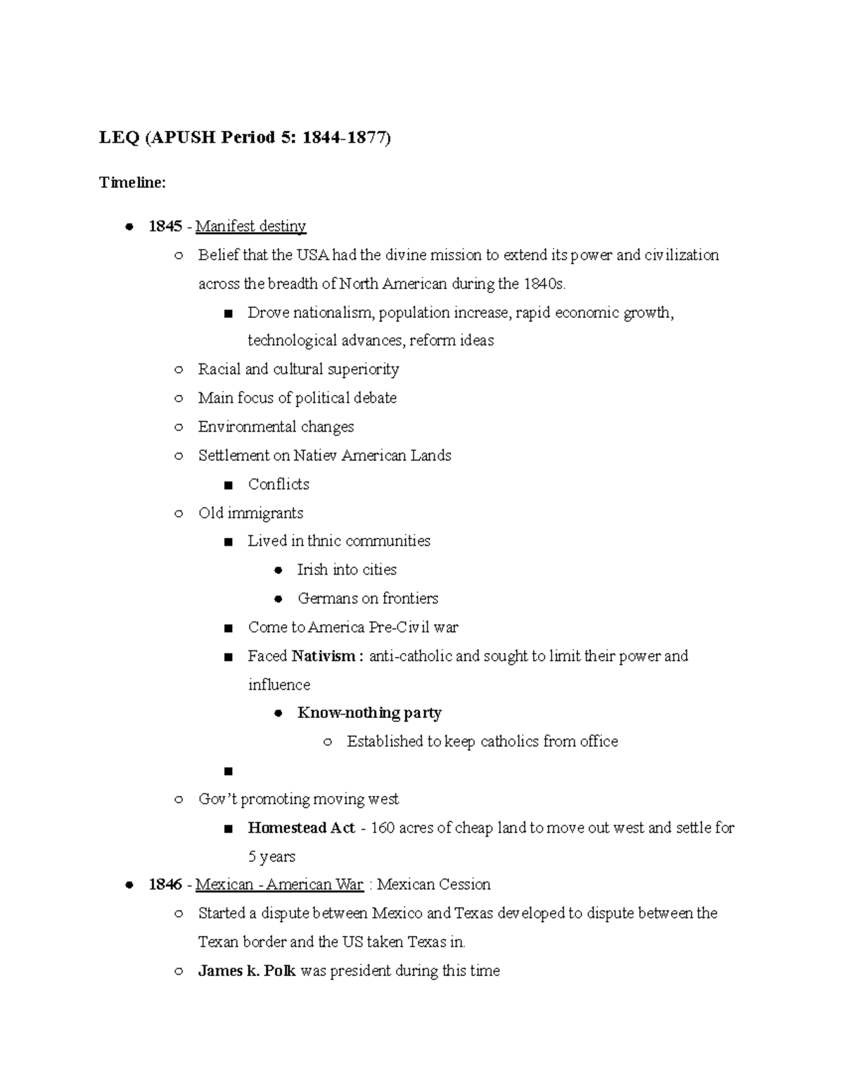 LEQ: APUSH Period 5 Overview (1844-1877) Study Notes - Studocu