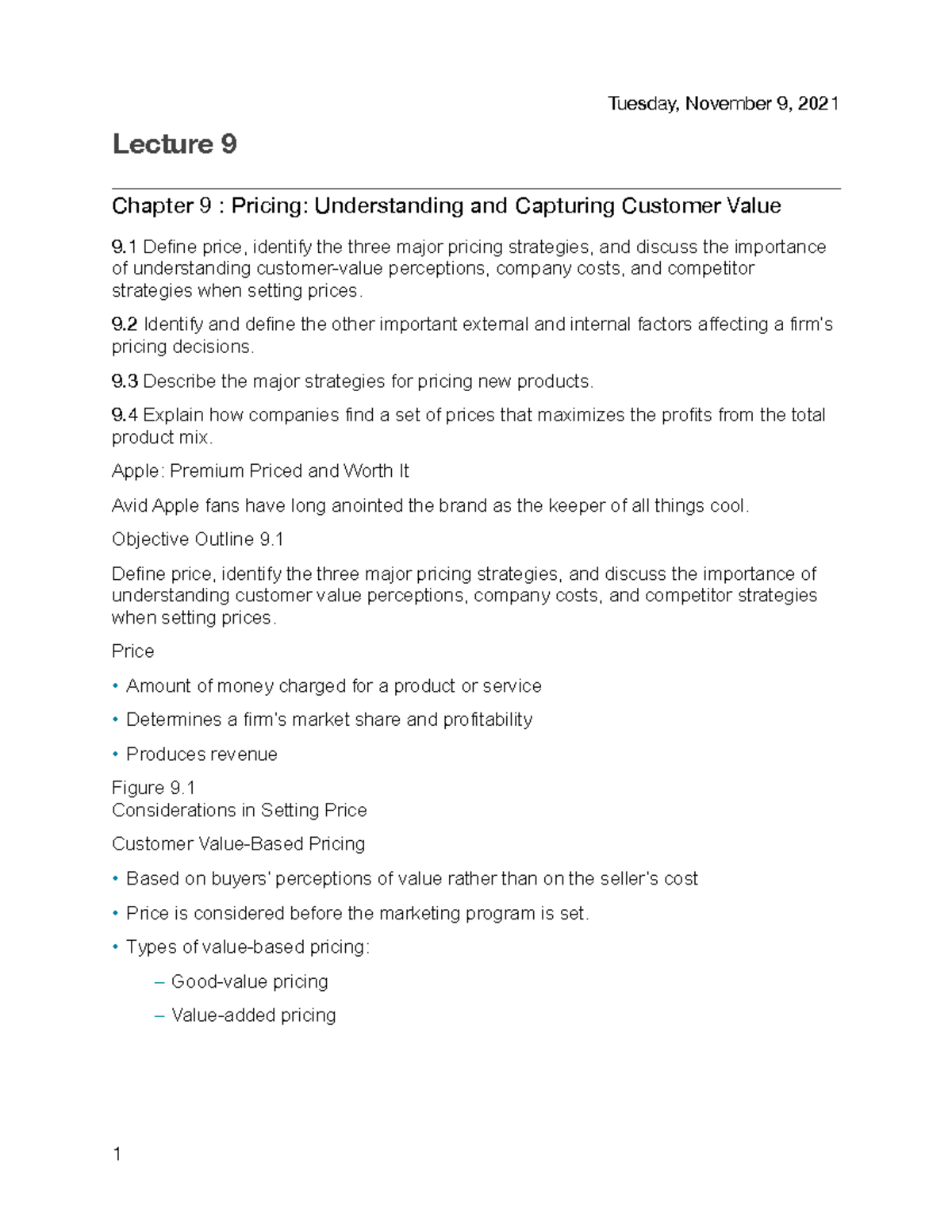 Chapter 9 Notes - Lecture 9 Chapter 9 : Pricing: Understanding and ...