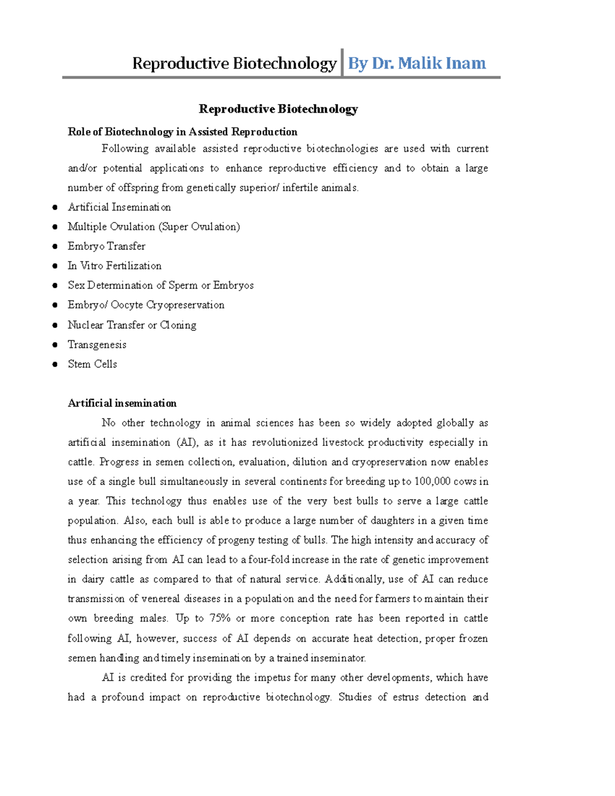 Reproductive Biotechnology (RB 101) - Midterm Study Notes - Studocu