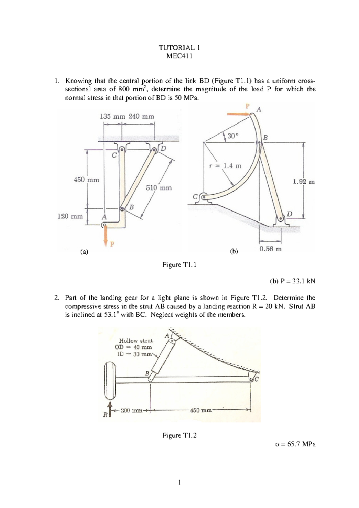 Mechanics of Materials Tutorial 1: Stress Analysis & Calculations - Studocu