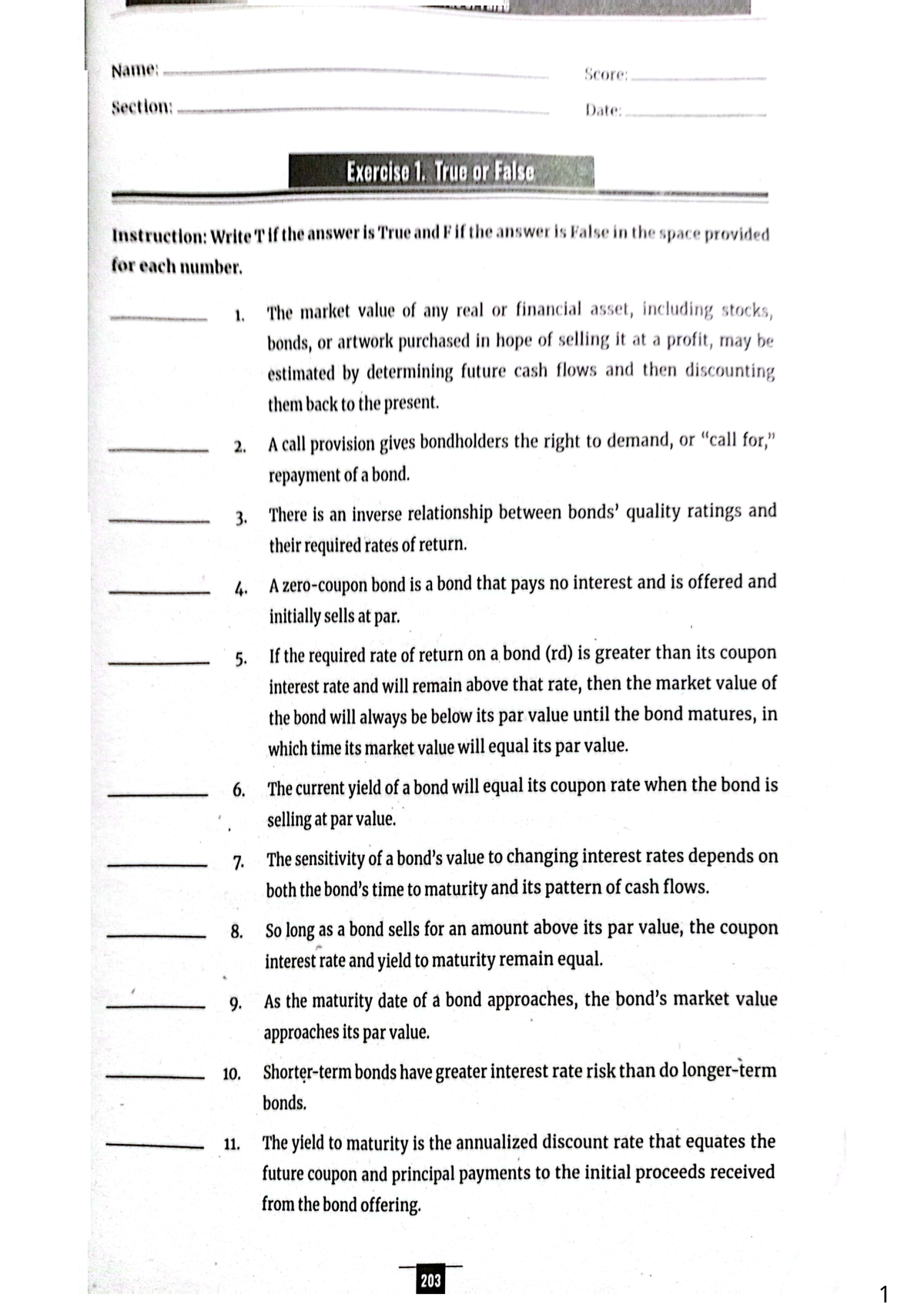 Finmar FIN 301 Chapter 5 True/False & Multiple Choice Exercises - Studocu