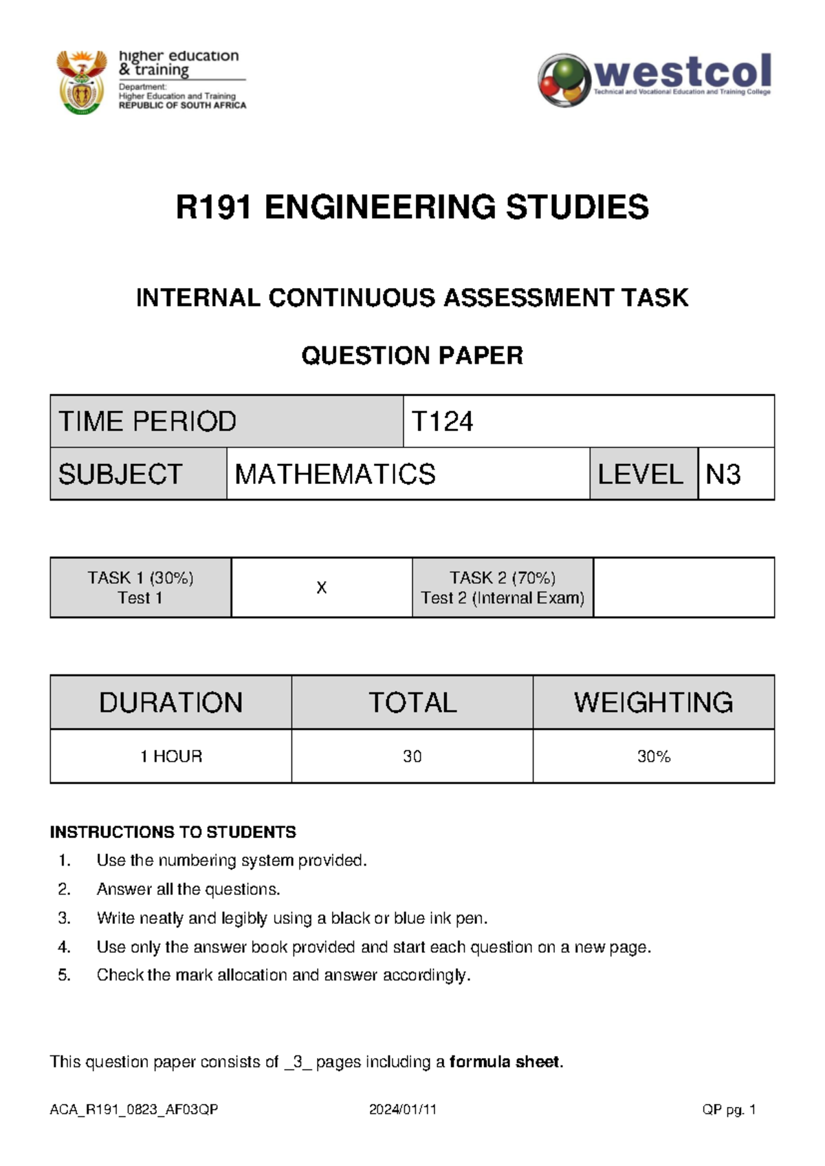 R191 T124 Mathematics Internal Assessment Task 1 Question Paper - Studocu