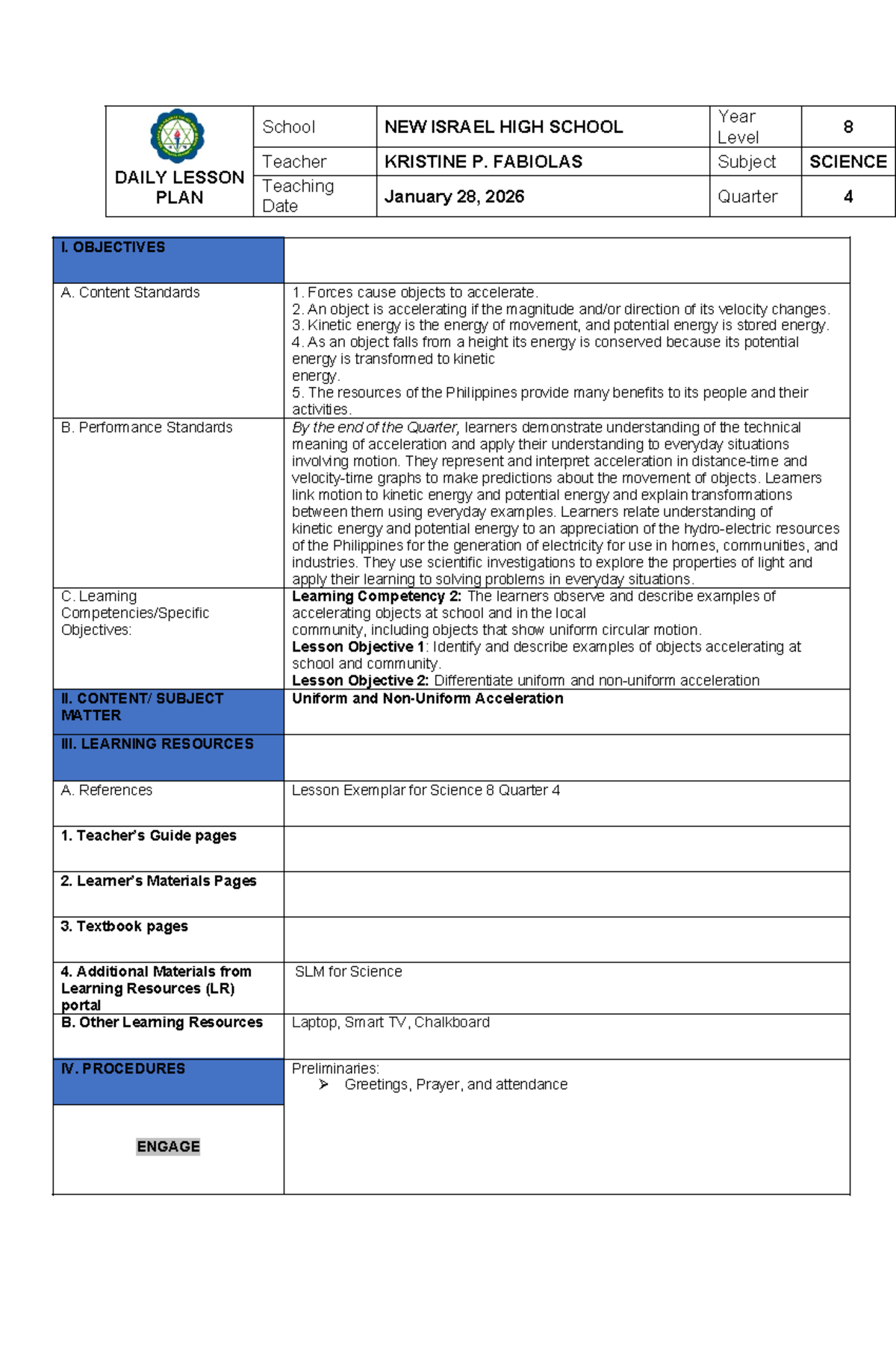 SCIENCE 8 Quarter 4 Daily Lesson Plan on Acceleration - Studocu