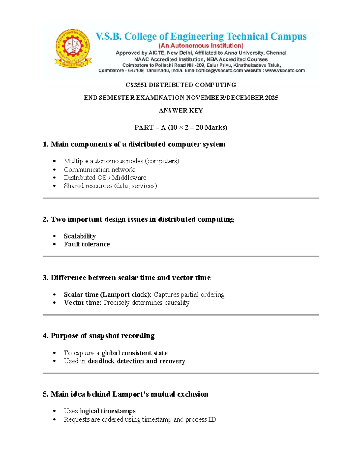 CS3551 DISTRIBUTED COMPUTING END SEMESTER EXAM 2025 ANSWER KEY PART A ...
