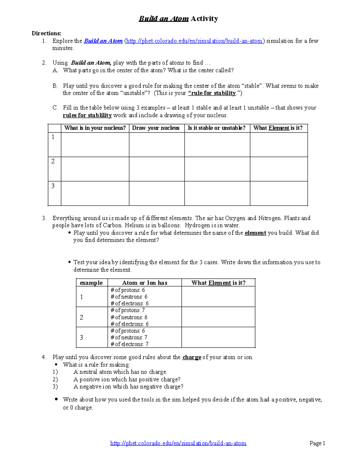 Build an Atom Activity Directions - PHET Lab 1 - Studocu