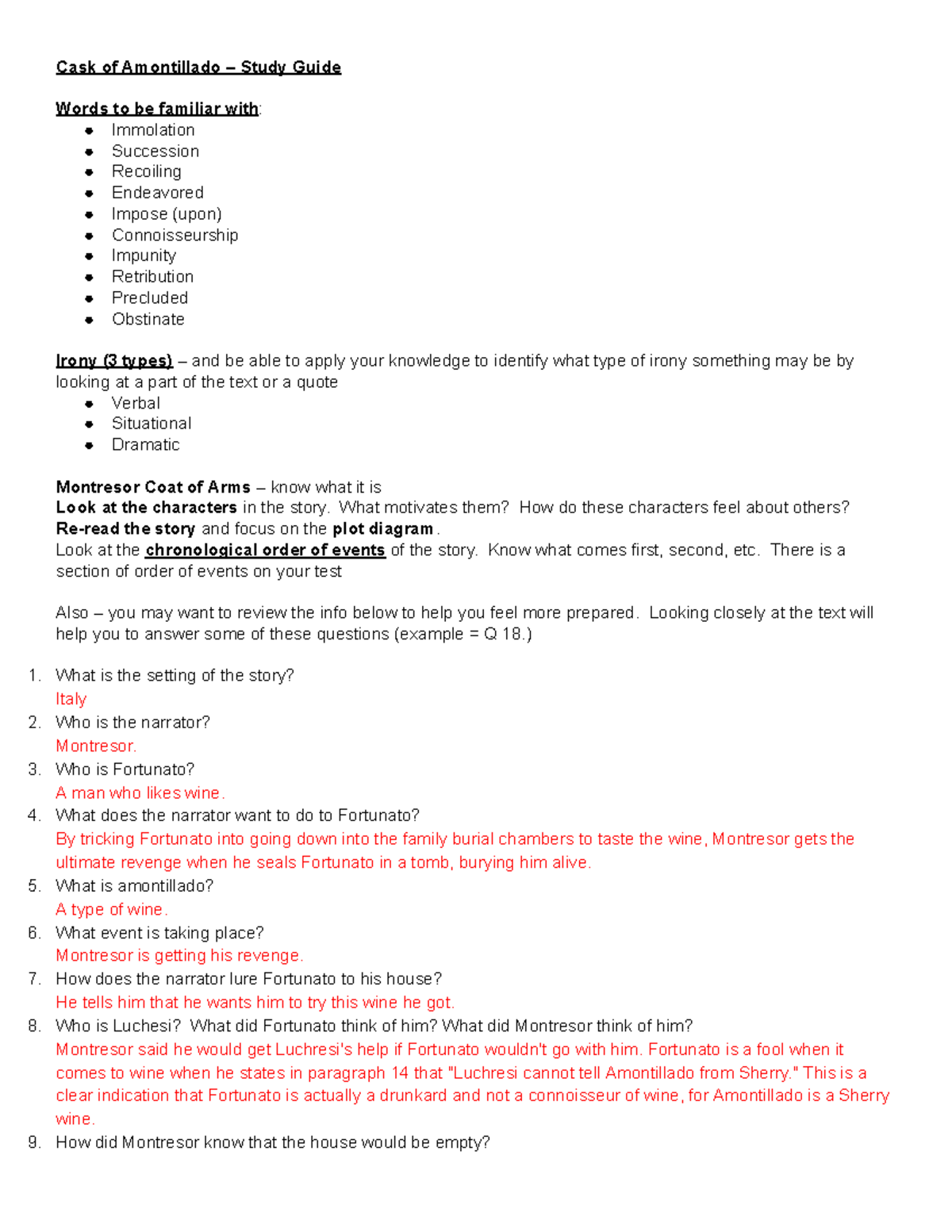 Cask of Amontillado Study Guide: Key Themes & Character Insights - Studocu