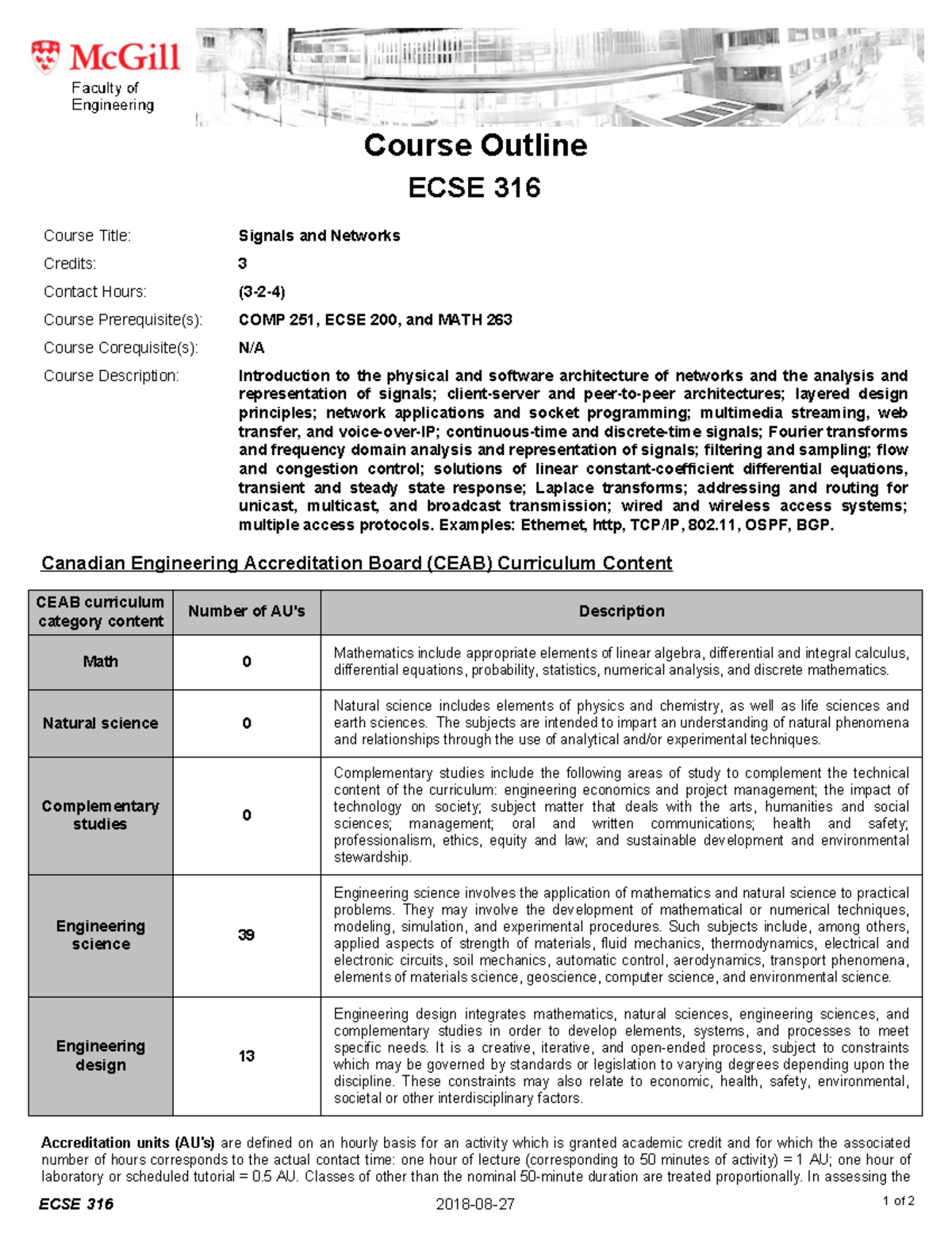 ECSE 316 Course Outline: Signals and Networks Overview - Studocu