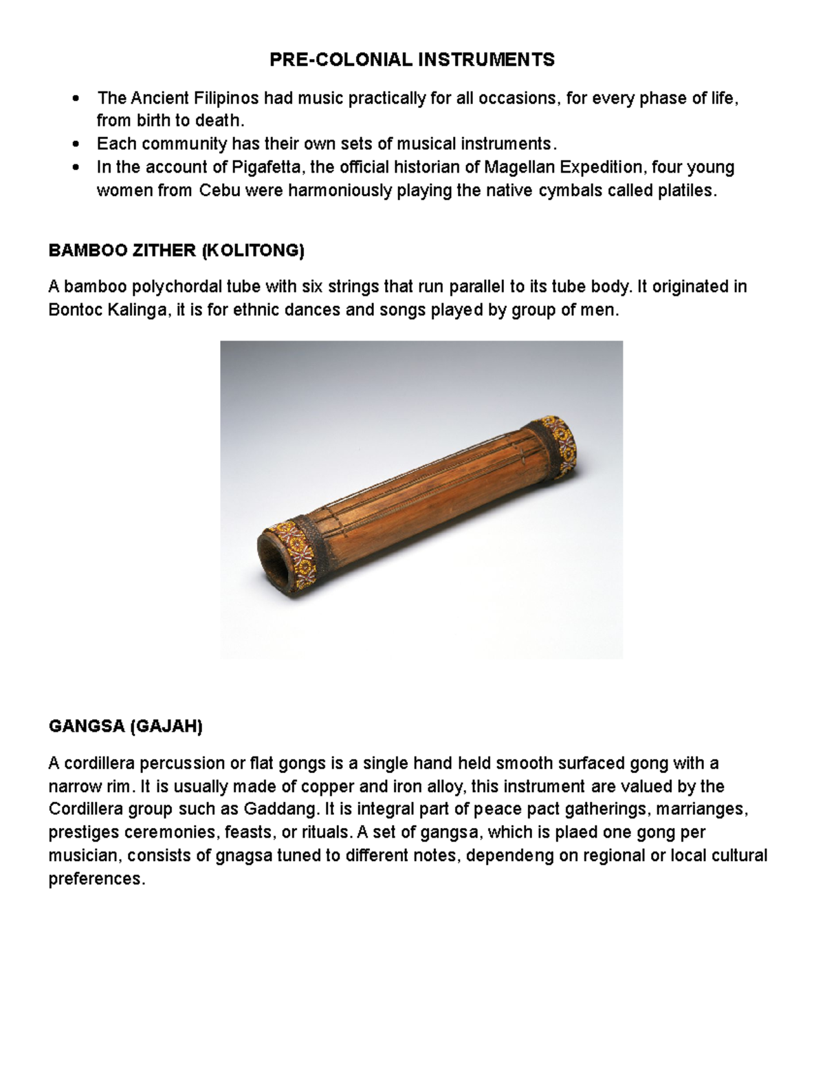 PRE Colonial Period - Lecture Notes on Instruments & Literature - Studocu