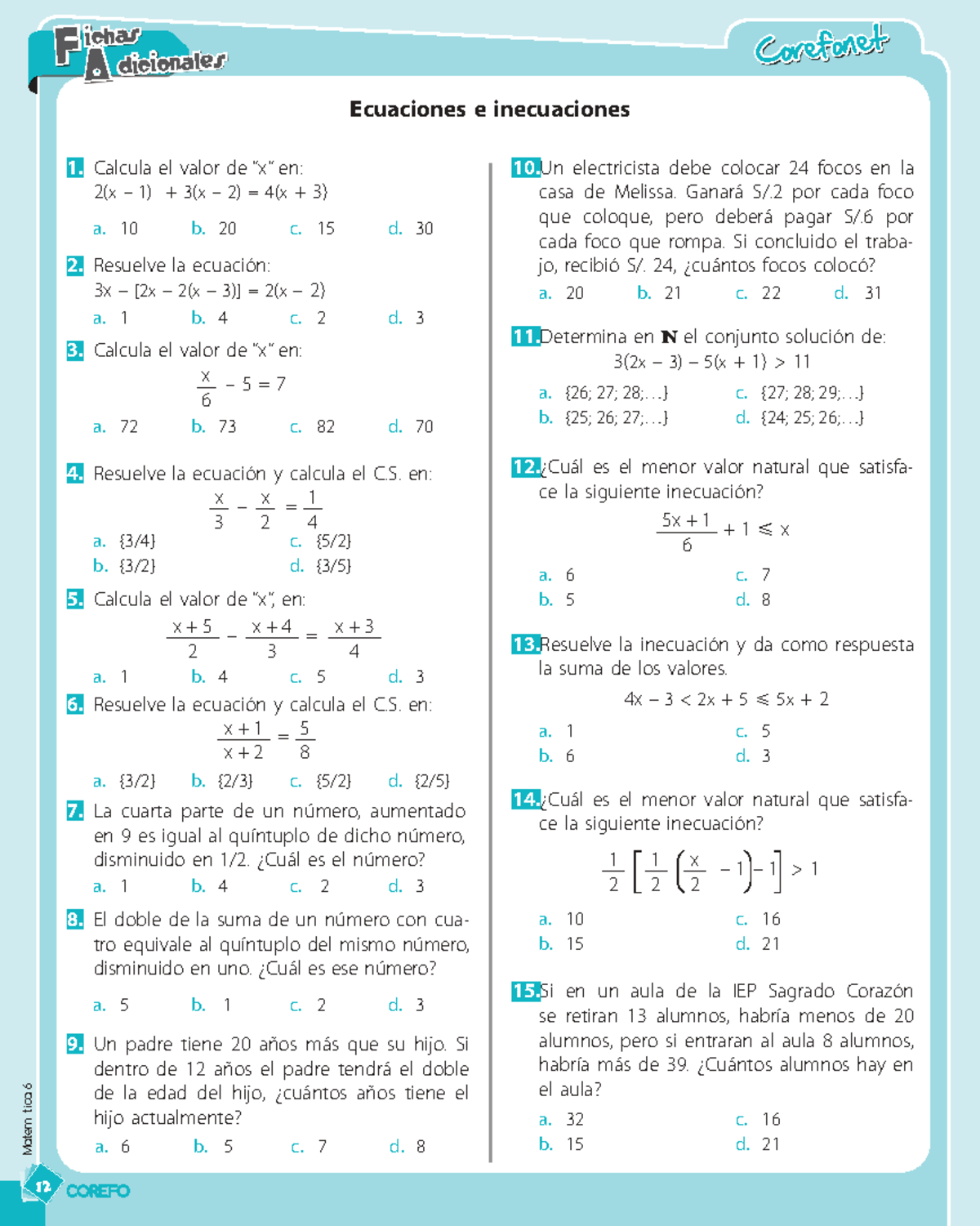 Ficha Adicional Matemática 6: Ecuaciones e Inecuaciones - Studocu