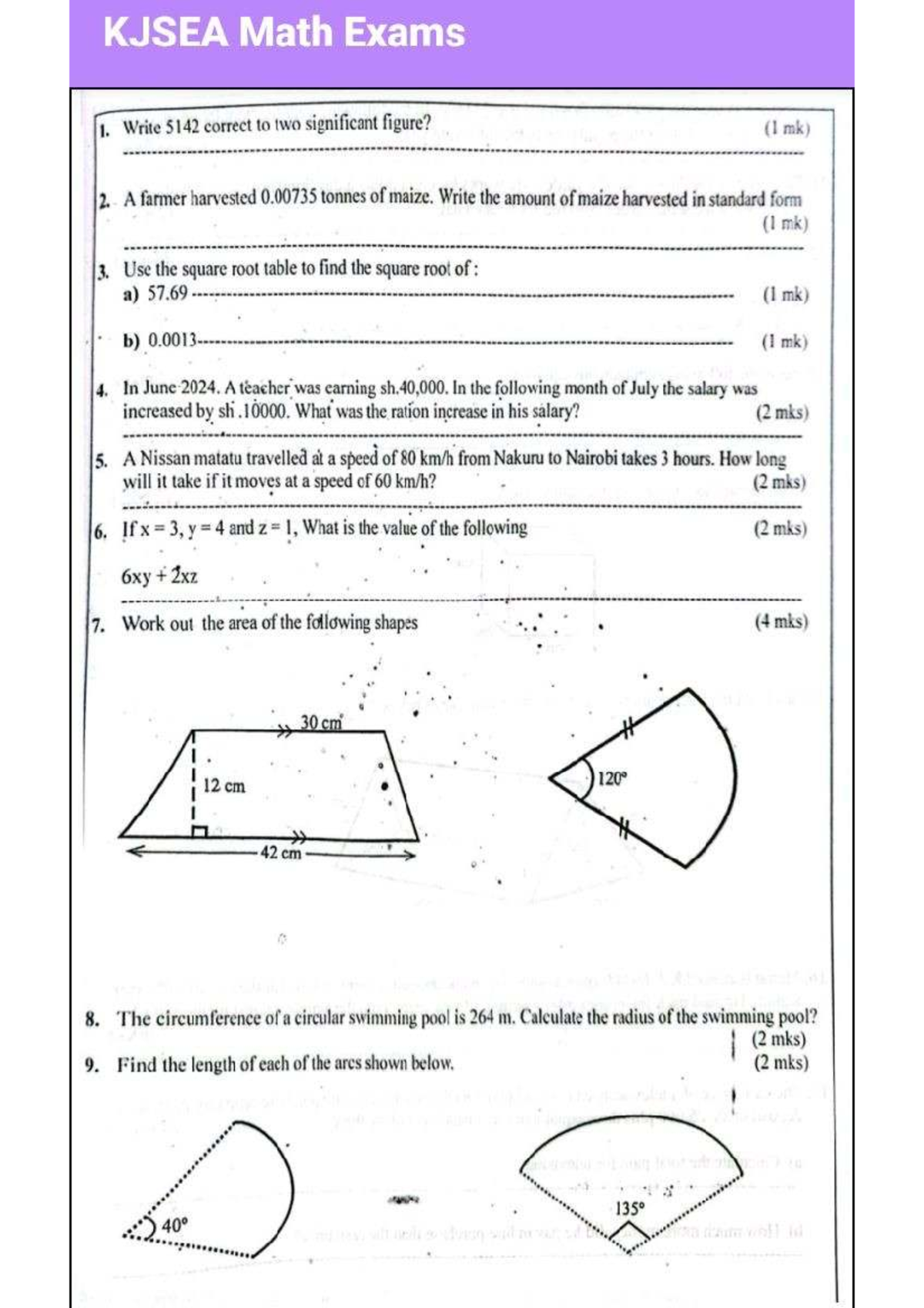 Maths TEST 4: KJSEA Exam Questions & Solutions - Studocu