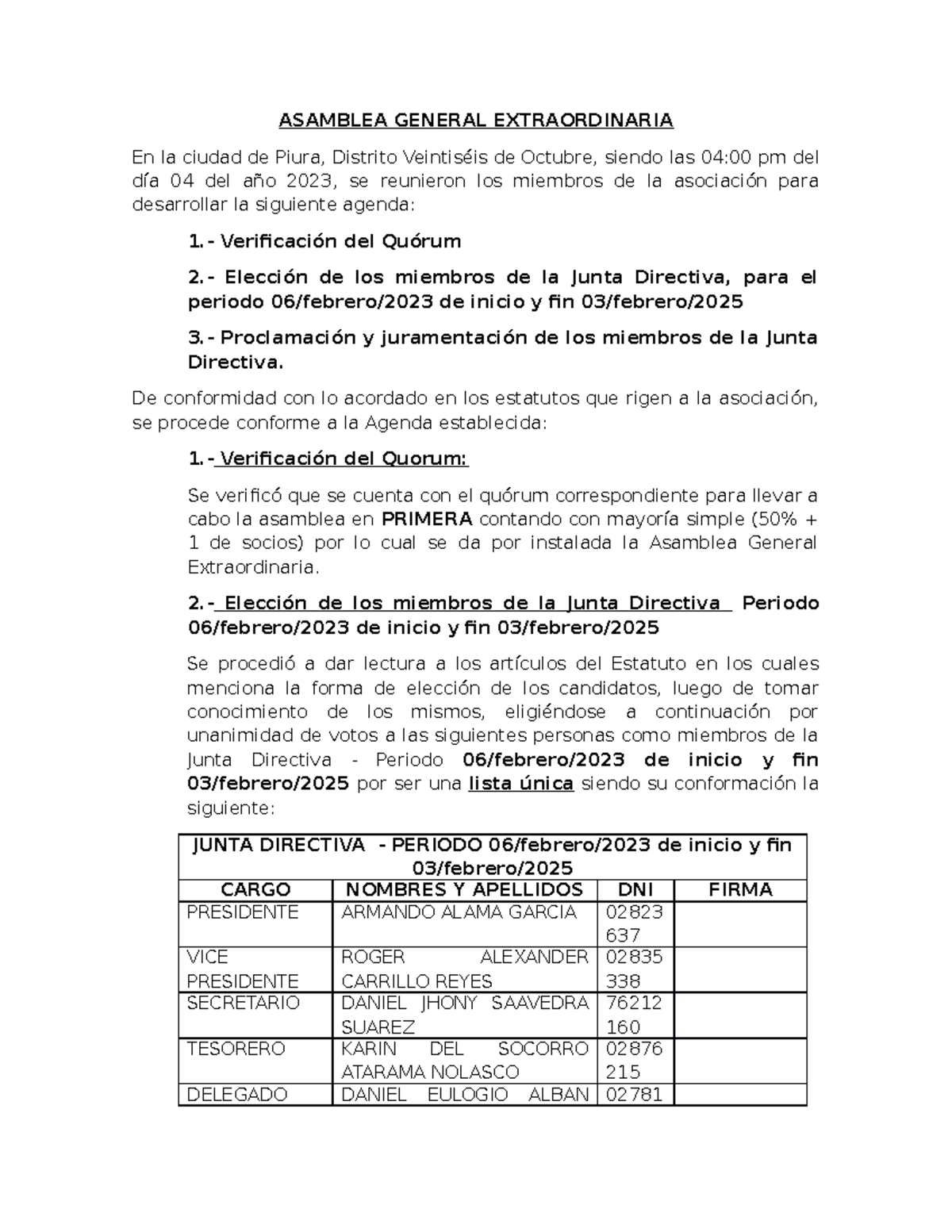 Modelo DE ACTA DE Eleccion DE Miembros DE LA Junta Directiva - ASAMBLEA GENERAL EXTRAORDINARIA ...