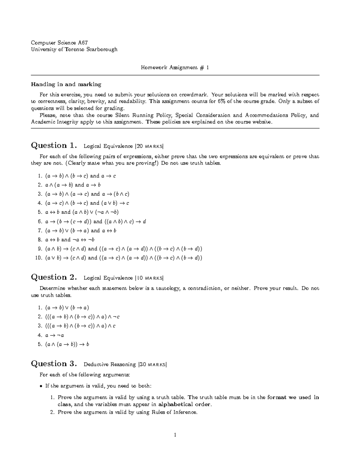 CS A67 - Homework Assignment 1: Logical Equivalence & Reasoning - Studocu
