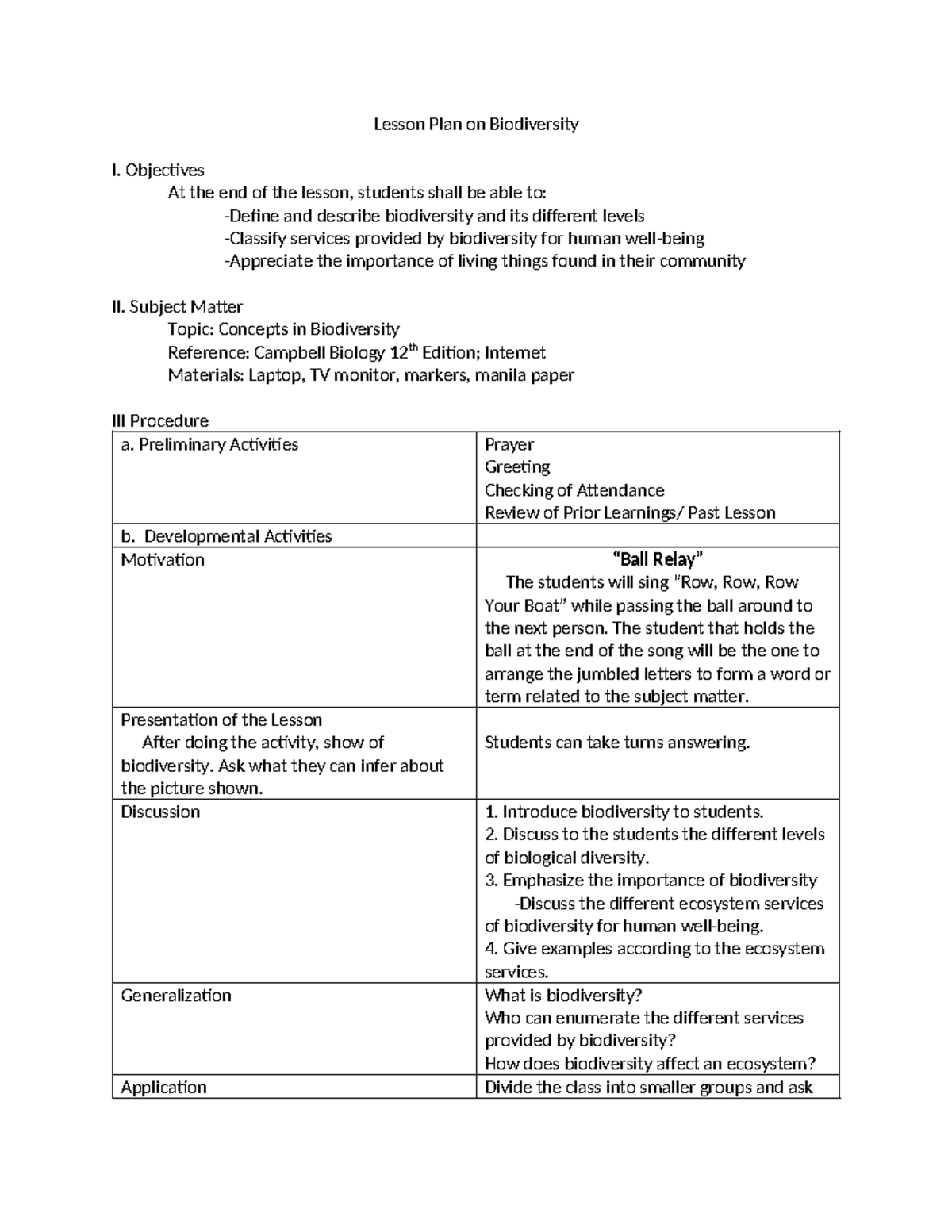 Biodiversity Lesson Plan: Engaging Activities & Learning Outcomes - Studocu