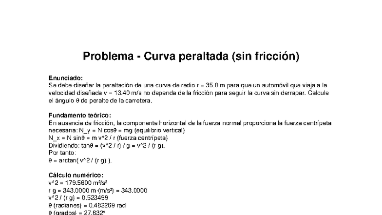 Curva Peralatada Resuelta - Problema - Curva peraltada (sin fricción ...
