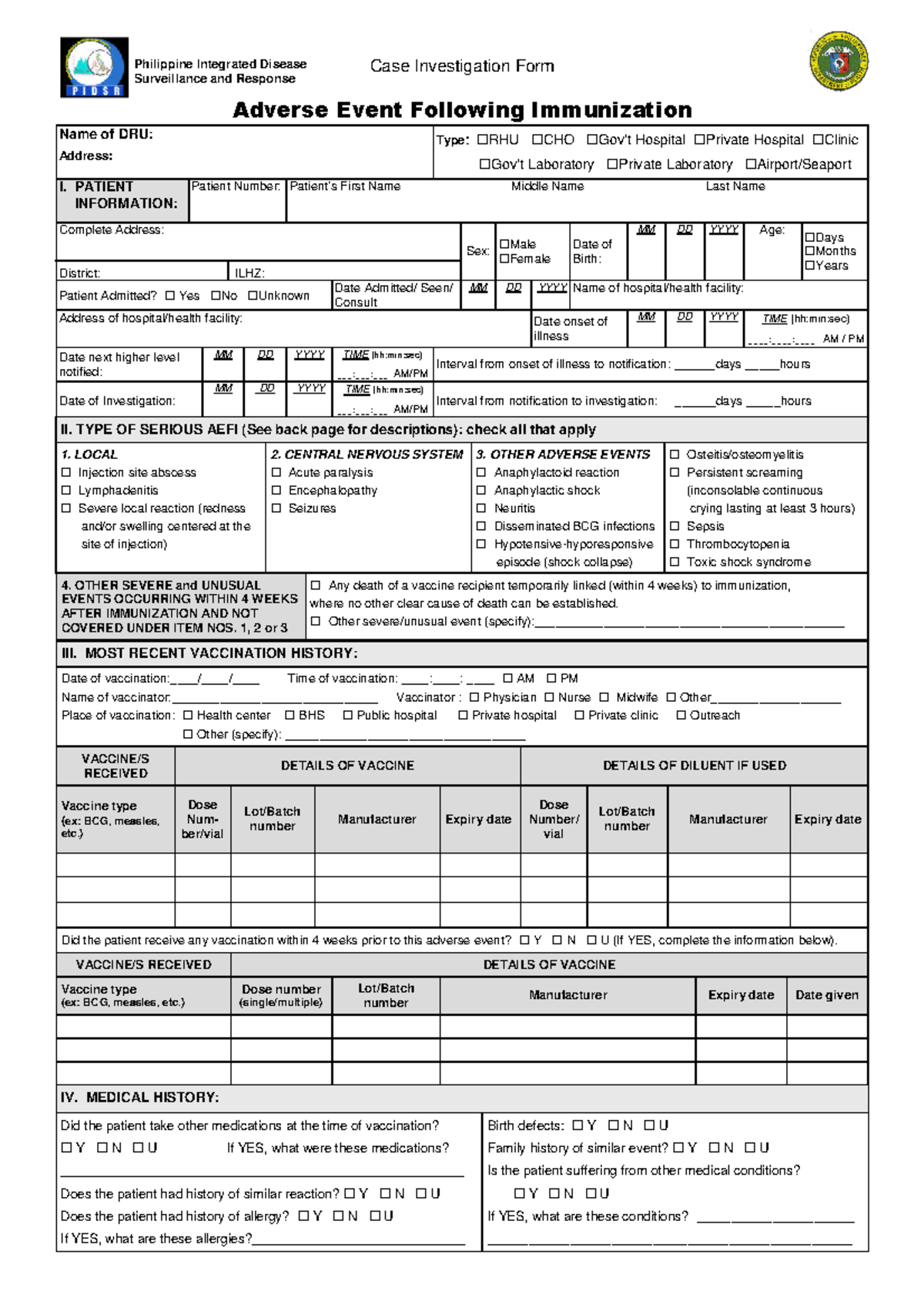 AEFI Case Investigation Form (Non-COVID) for Surveillance and Response ...