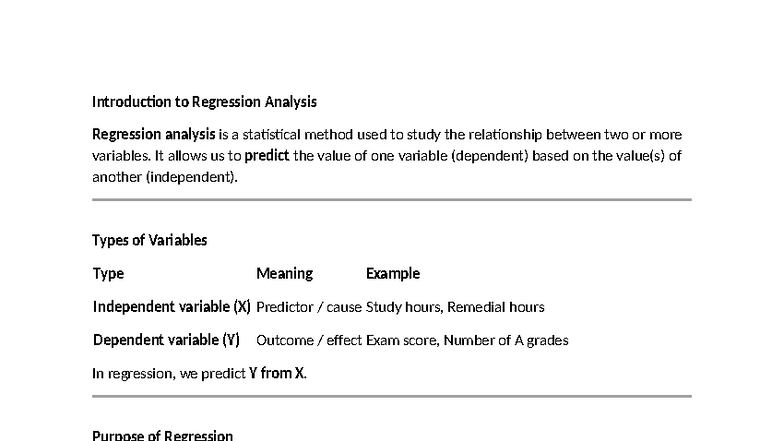 Introduction to Regression Analysis: Key Concepts & Calculations - Studocu