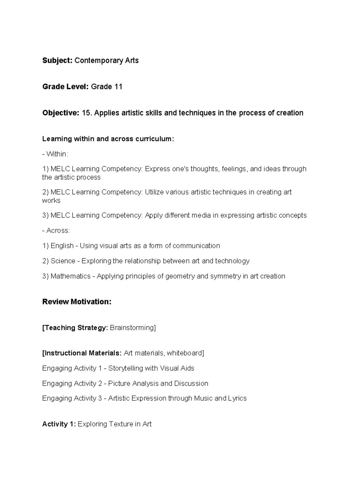 Contemporary Arts Lesson Plan for Grade 11: Artistic Skills ...