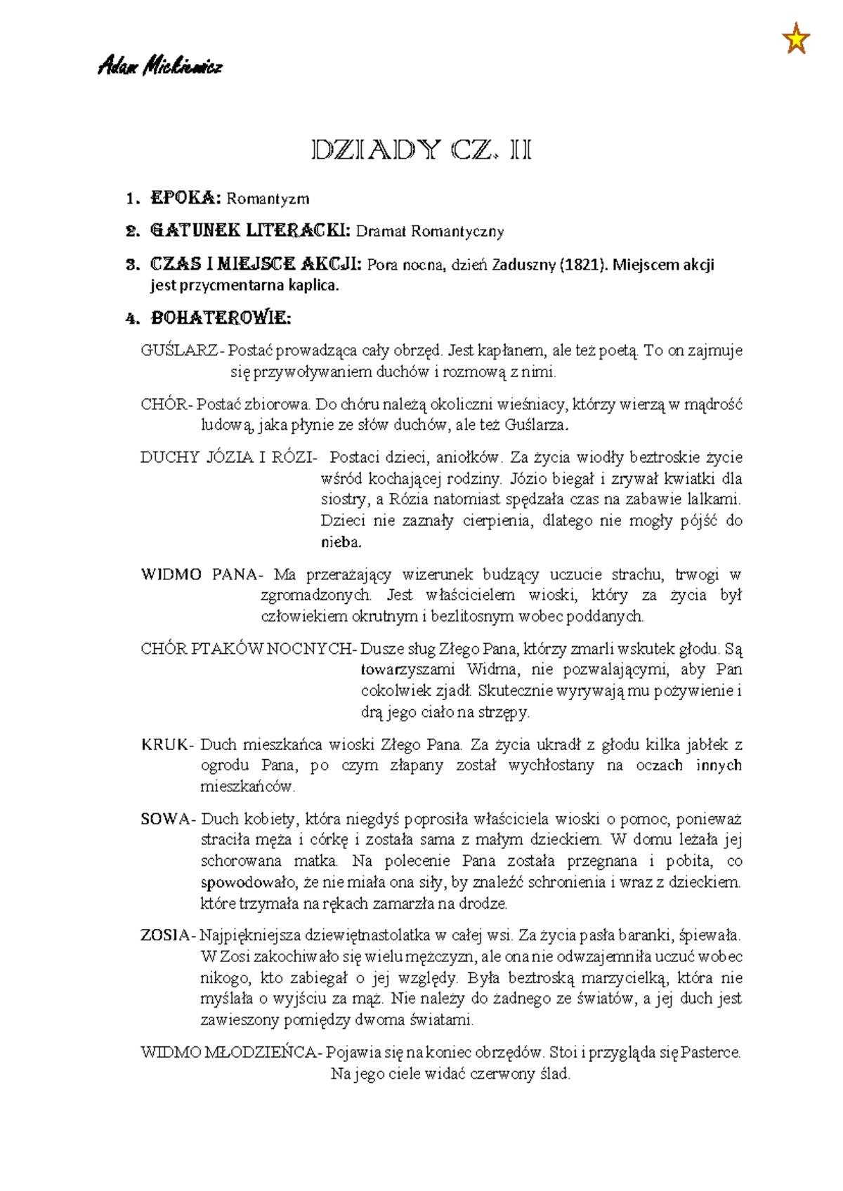 Dziady cz. II - Notatki do dramatu romantycznego Adama Mickiewicza - Studocu
