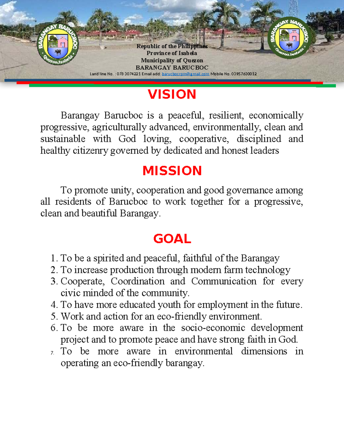 Barangay Barucboc Vision and Mission Statement - Studocu