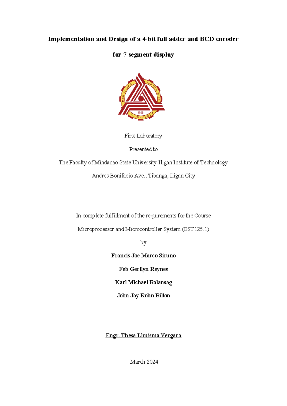4-Bit Full Adder & BCD Encoder Design for Microcontrollers (EST125 ...