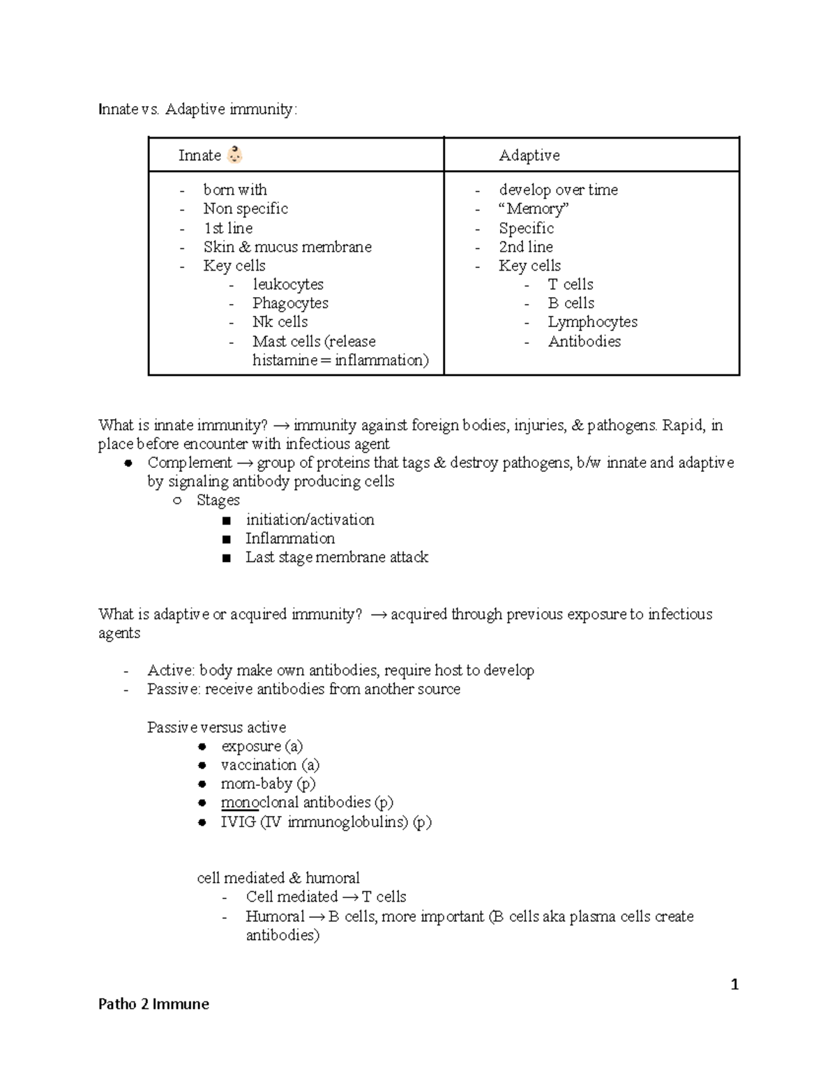 Patho 2 Immunology Notes: Innate vs. Adaptive Immunity Overview - Studocu