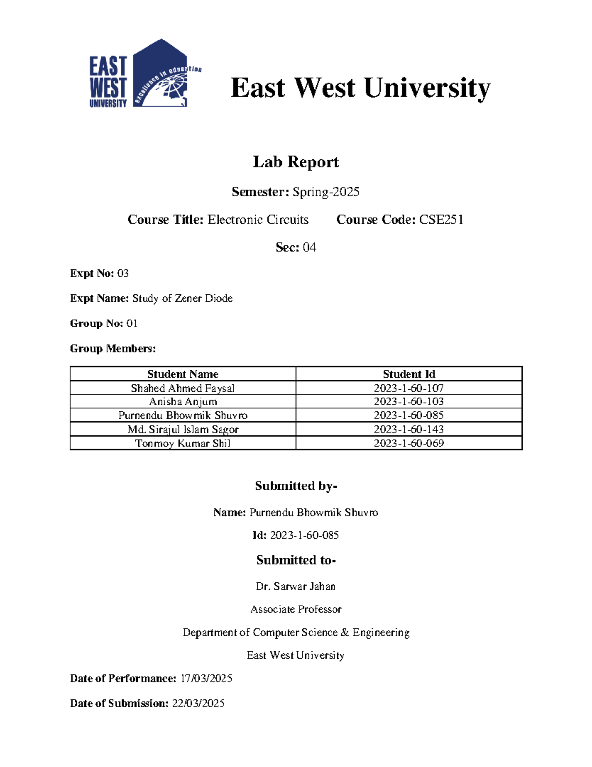 CSE251 - Lab Report 03: Study of Zener Diode Characteristics - Studocu