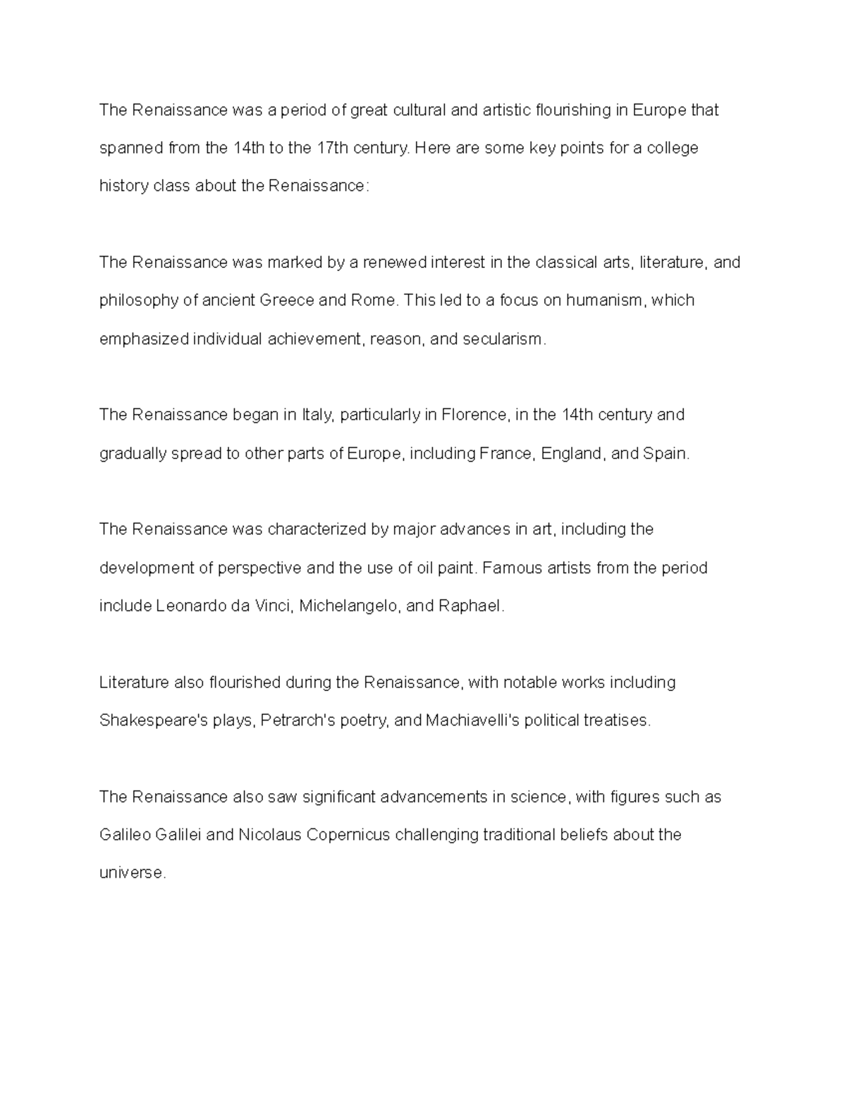 HIST 201 Renaissance Key Points Answer Key for Exam Revision - Studocu