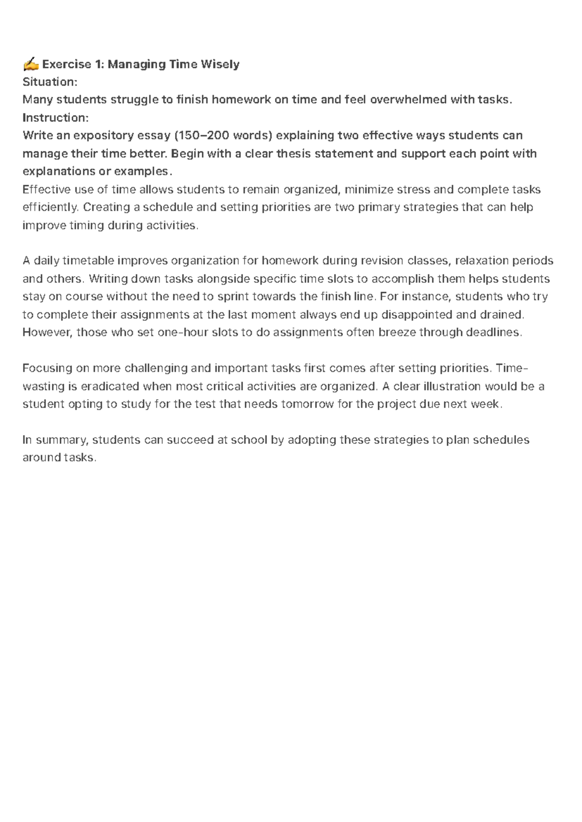 Essay Exercise 1: Time Management Strategies for Students - LCC - Studocu