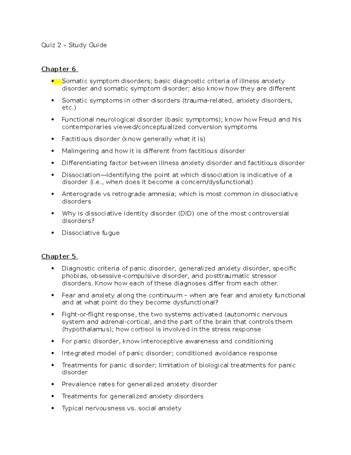 Quiz 2 Study Guide: Psychological Disorders & Diagnostic Criteria - Studocu