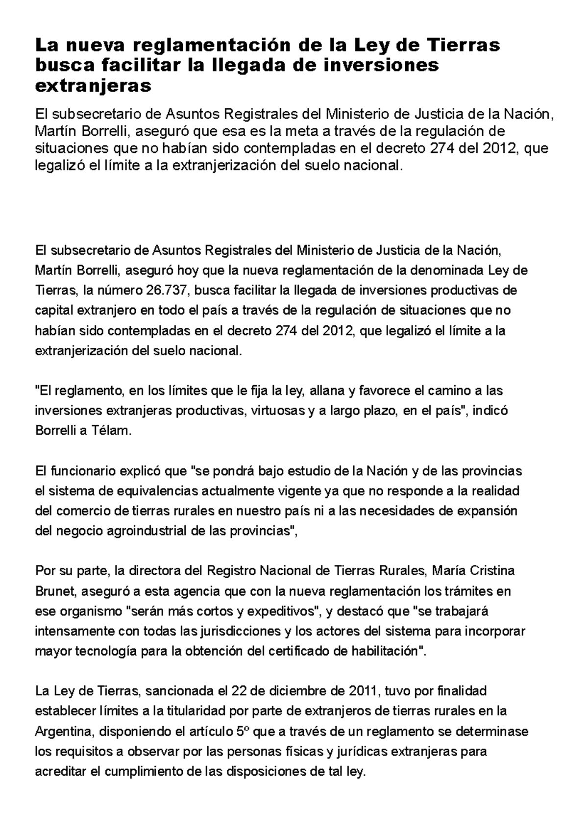 Reglamento de la Ley de Tierras: Facilitar Inversiones Extranjeras ...