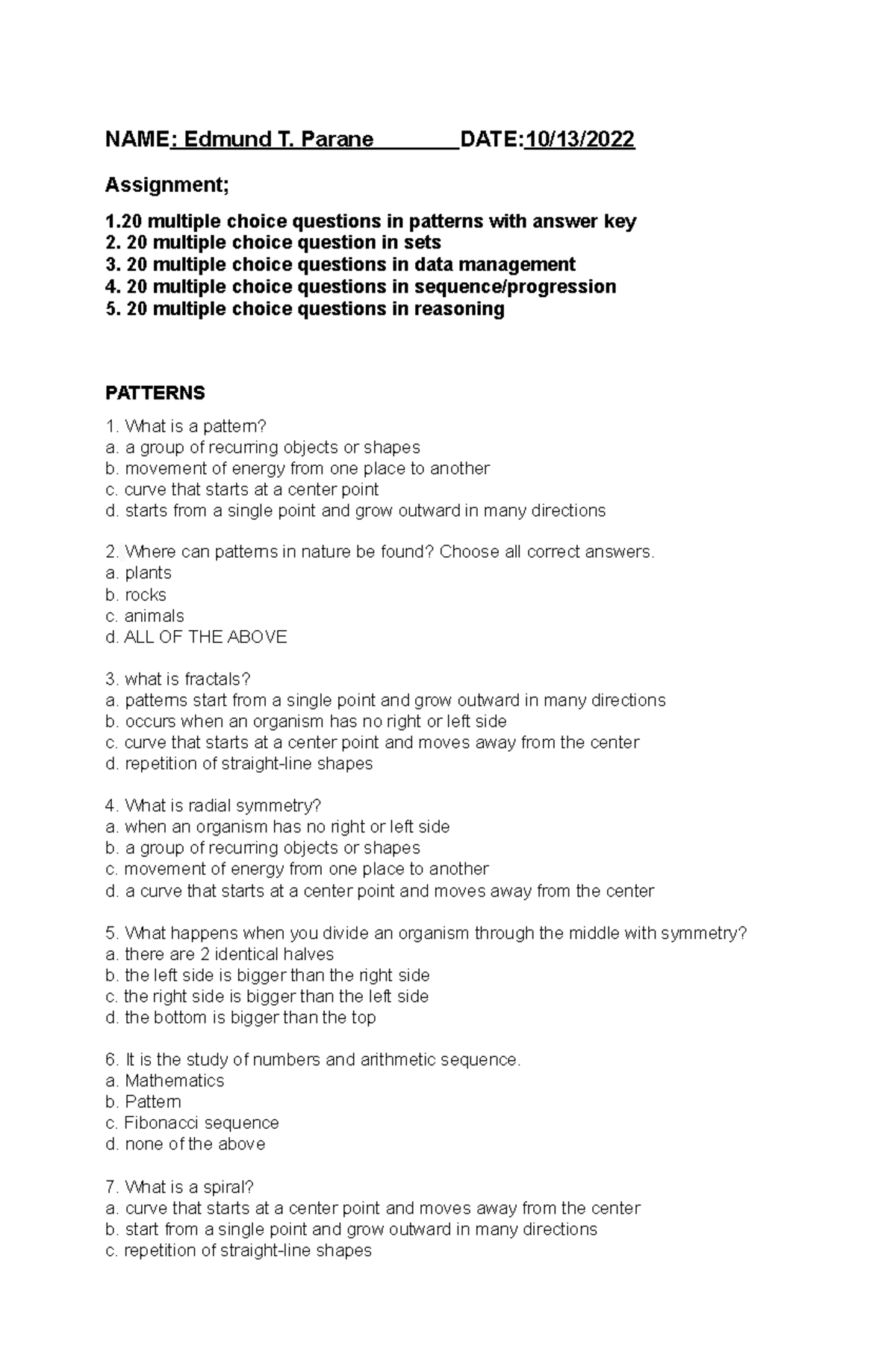 MCQ Patterns & Data Management Assignment - Answers (Course Code: CS101 ...