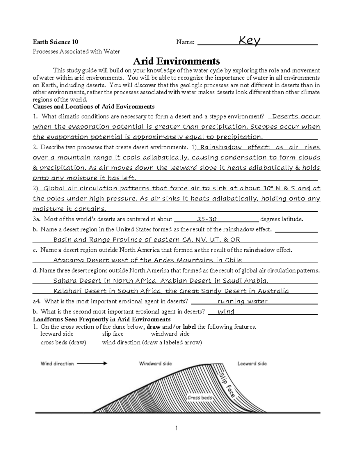 Arid+Environments+SG+ES10+OL+ans - 1 Earth Science 10 Name: Key ...