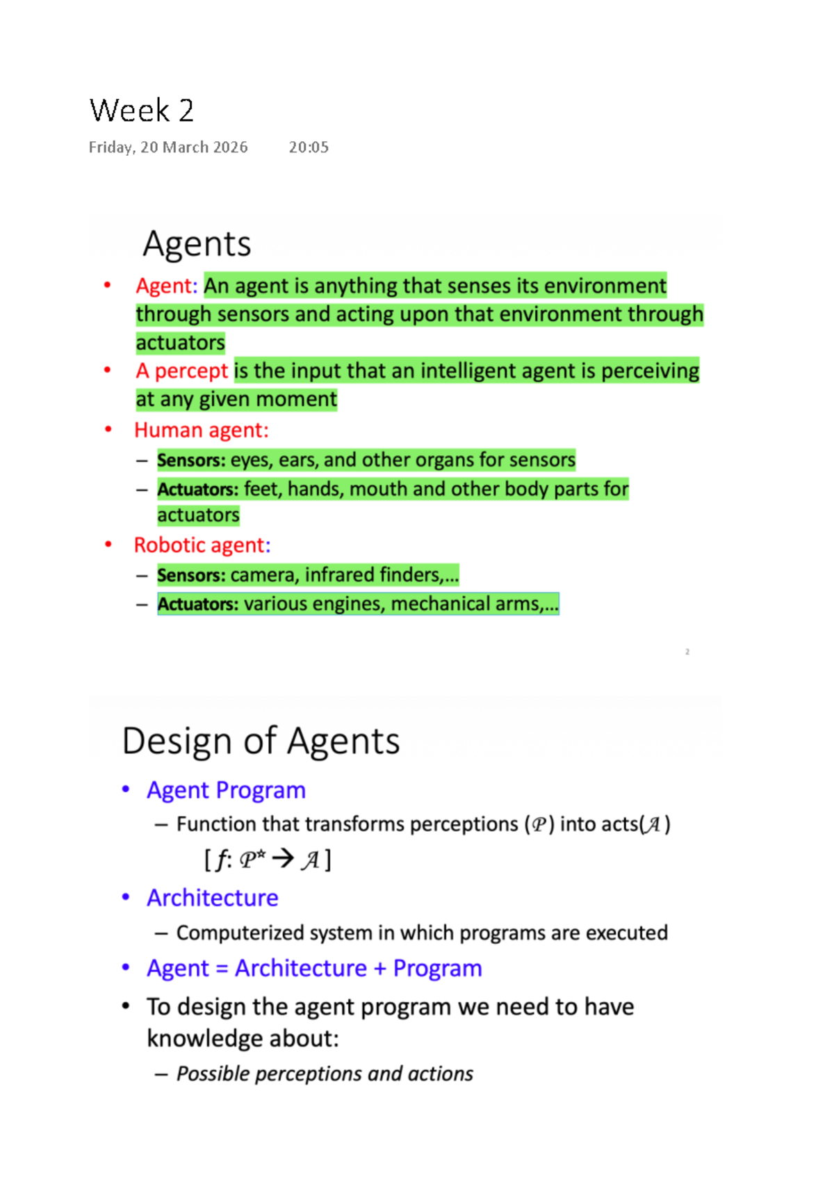 Week 2 AI Notes: Understanding Agent Design and Function - Studocu