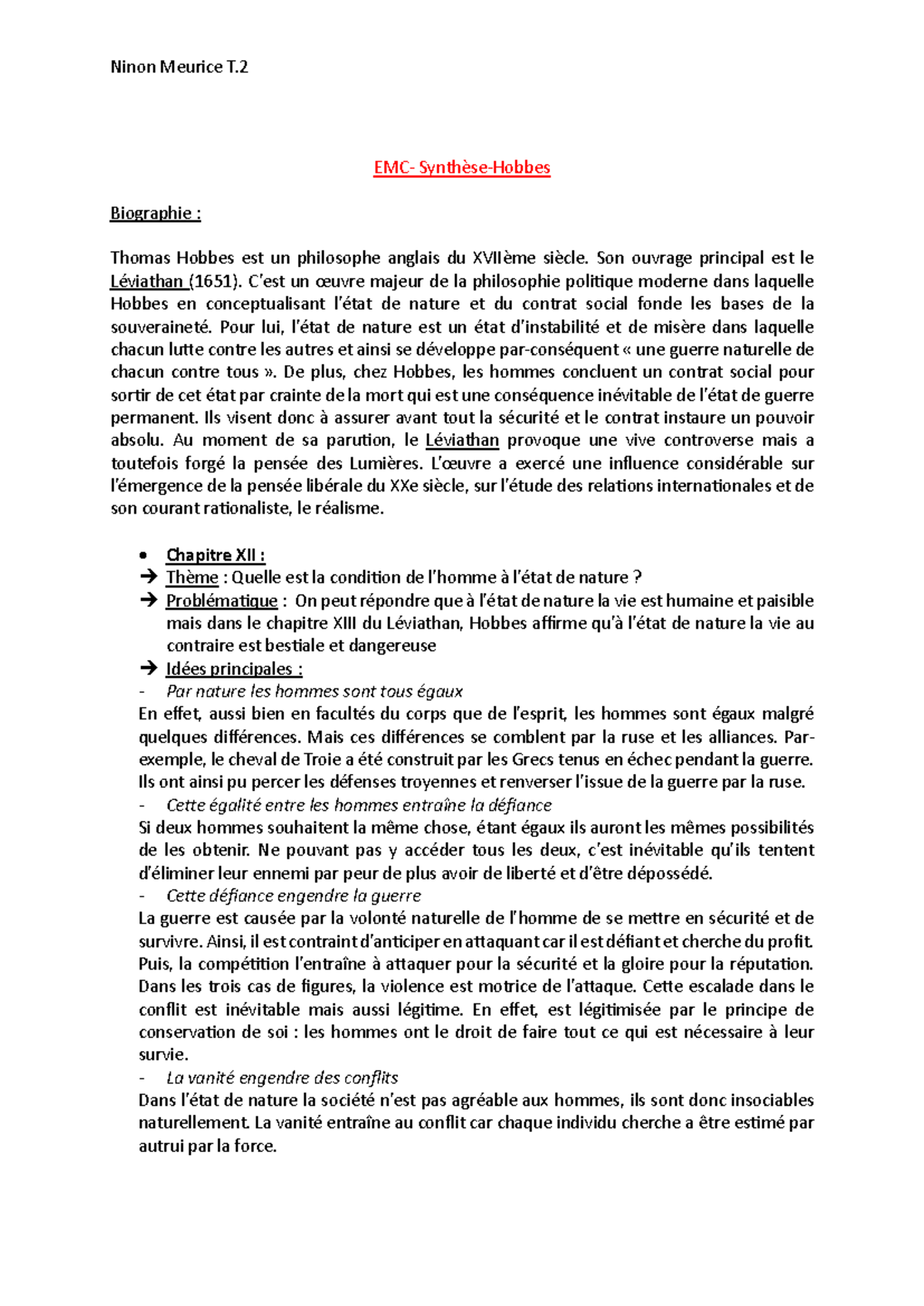 Notes sur Hobbes - Ninon Meurice T. EMC- Synthèse-Hobbes Biographie ...