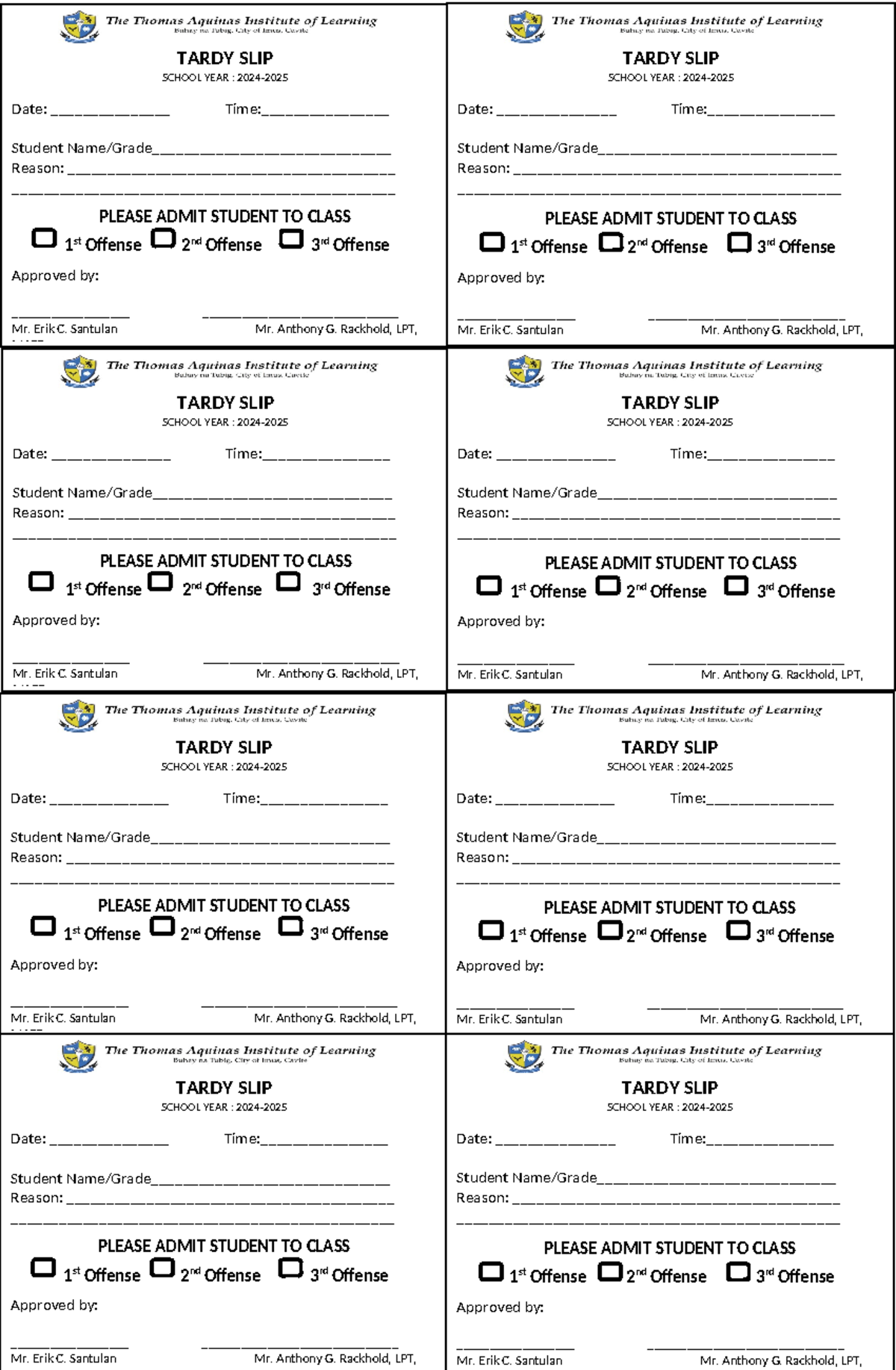 Tardy SLIP - LECTURE - TARDY SLIP SCHOOL YEAR : 2024- Date ...