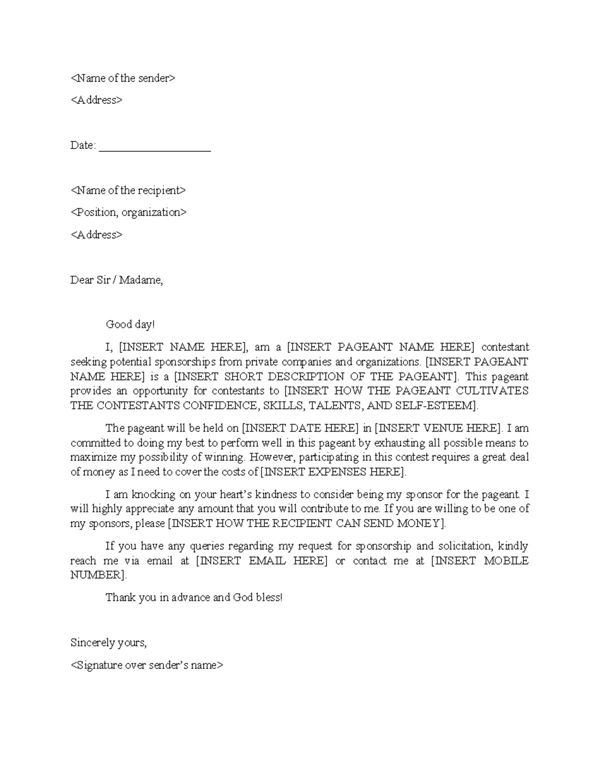 Solicitation Letter Template for Pageant Sponsorship Request - Studocu