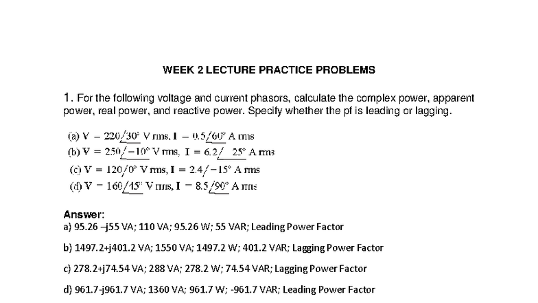 Week 2 LECTURE Practice Problems: Power Calculations & Phasors - Studocu