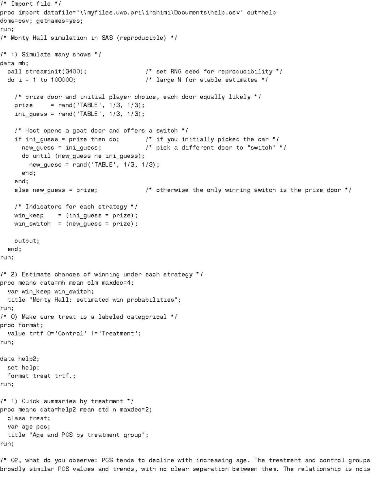 Lab 4: Monty Hall Simulation in SAS (Reproducible Analysis) - Studocu