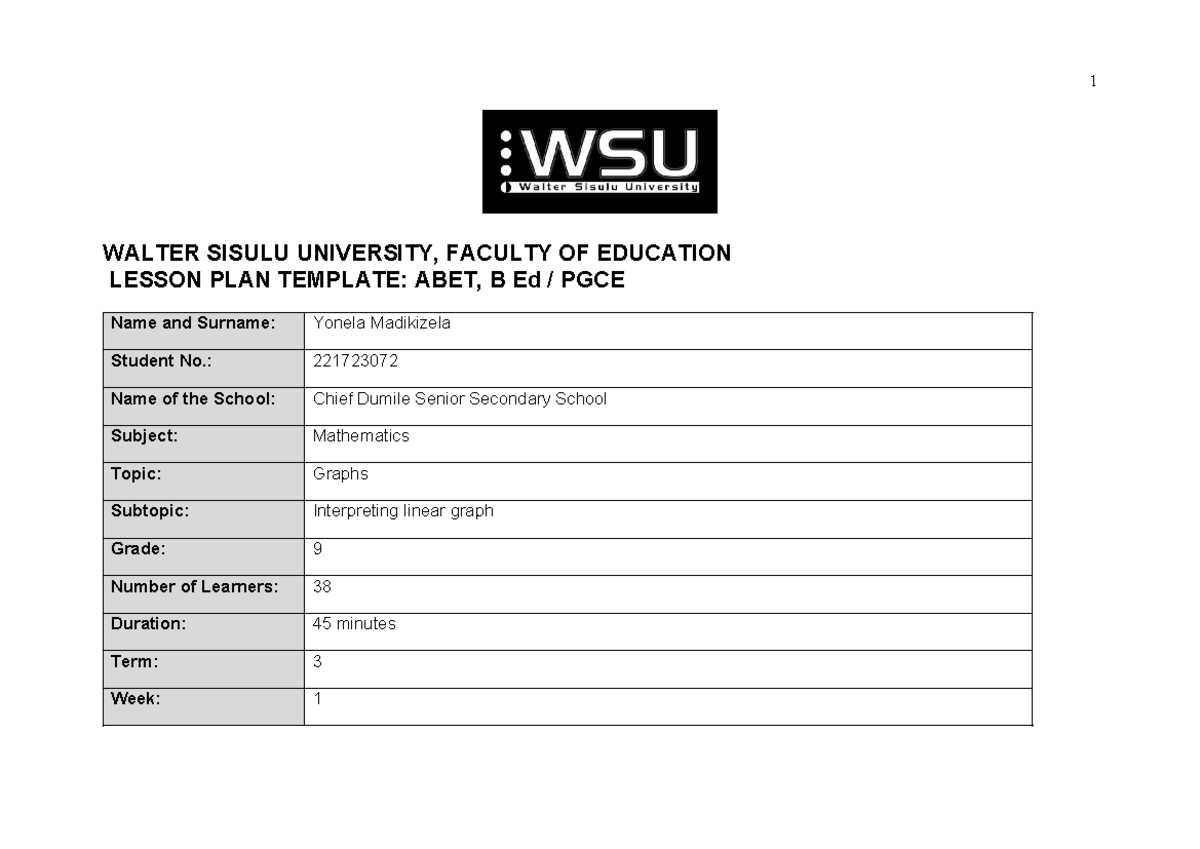 B Ed PGCE SBE Lesson Plan: Interpreting Linear Graphs for Grade 9 - Studocu