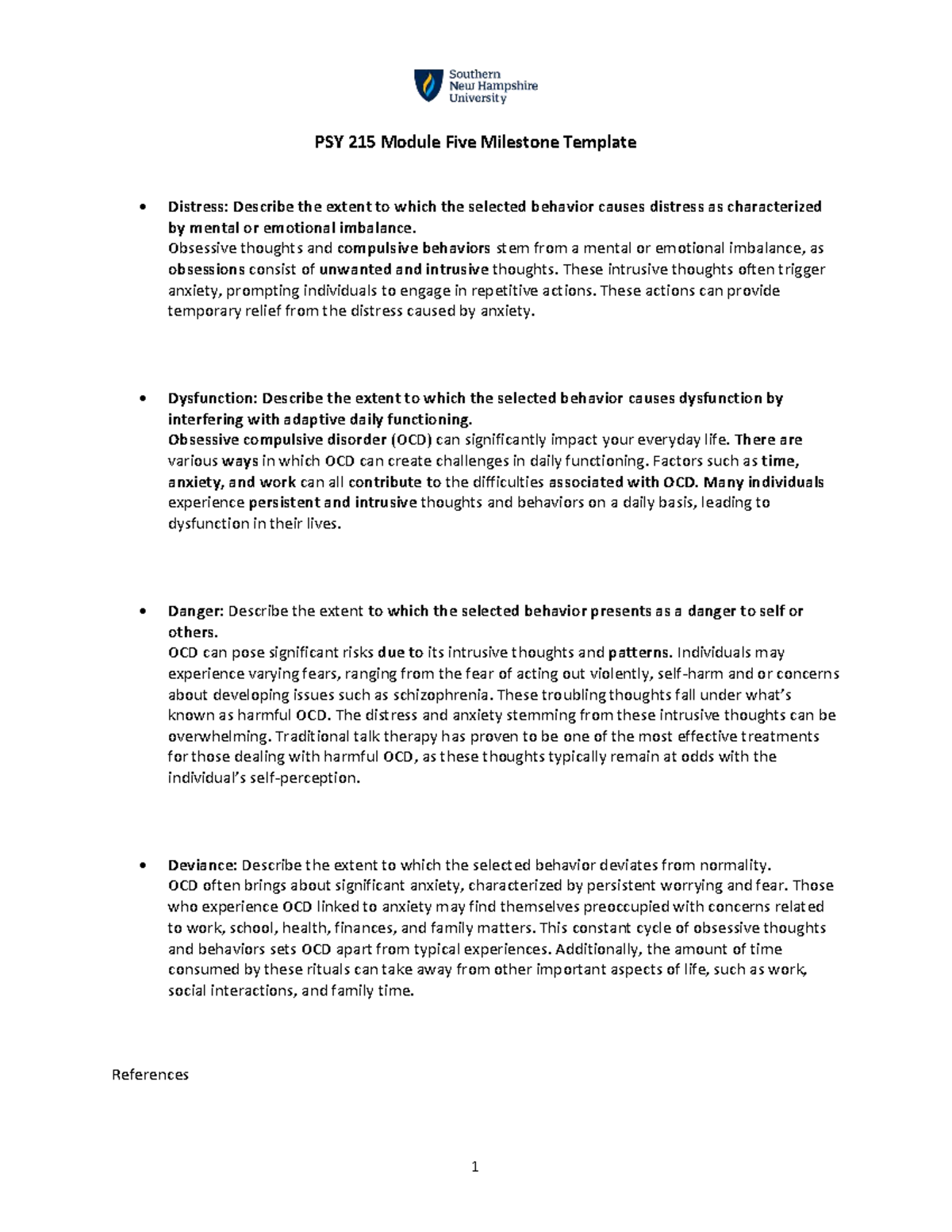 PSY 215 Module 5 Milestone: Analyzing OCD's Distress and Dysfunction ...