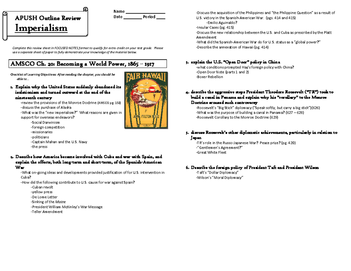APUSH Outline Review: Amsco Ch. 20 - U.S. as a World Power (1865-1917 ...