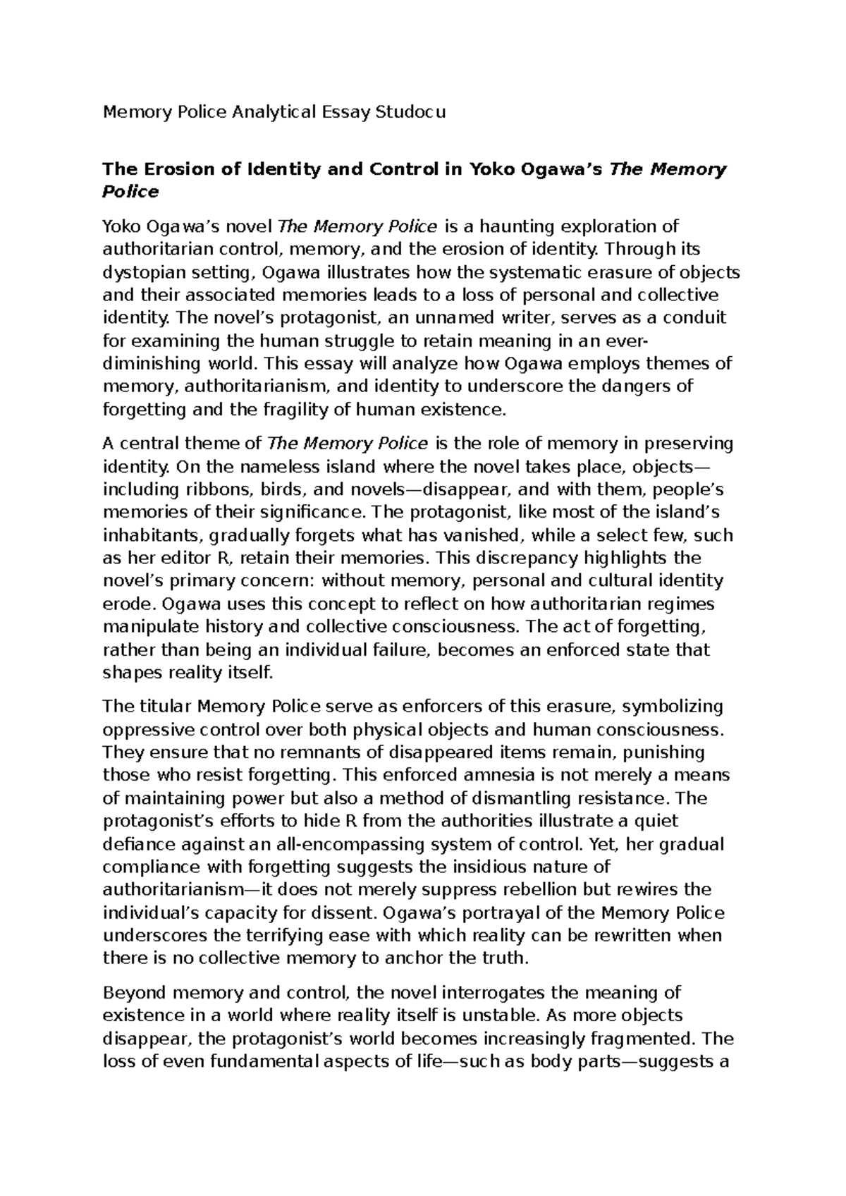 Memory Police Analytical Essay: Identity and Control in Ogawa's Novel ...