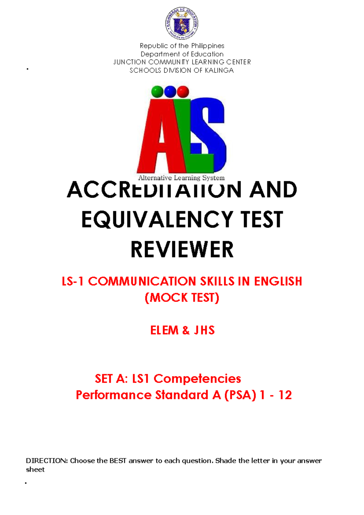 SET A-LS1 Accreditation & Equivalency Test Reviewer: English Skills ...