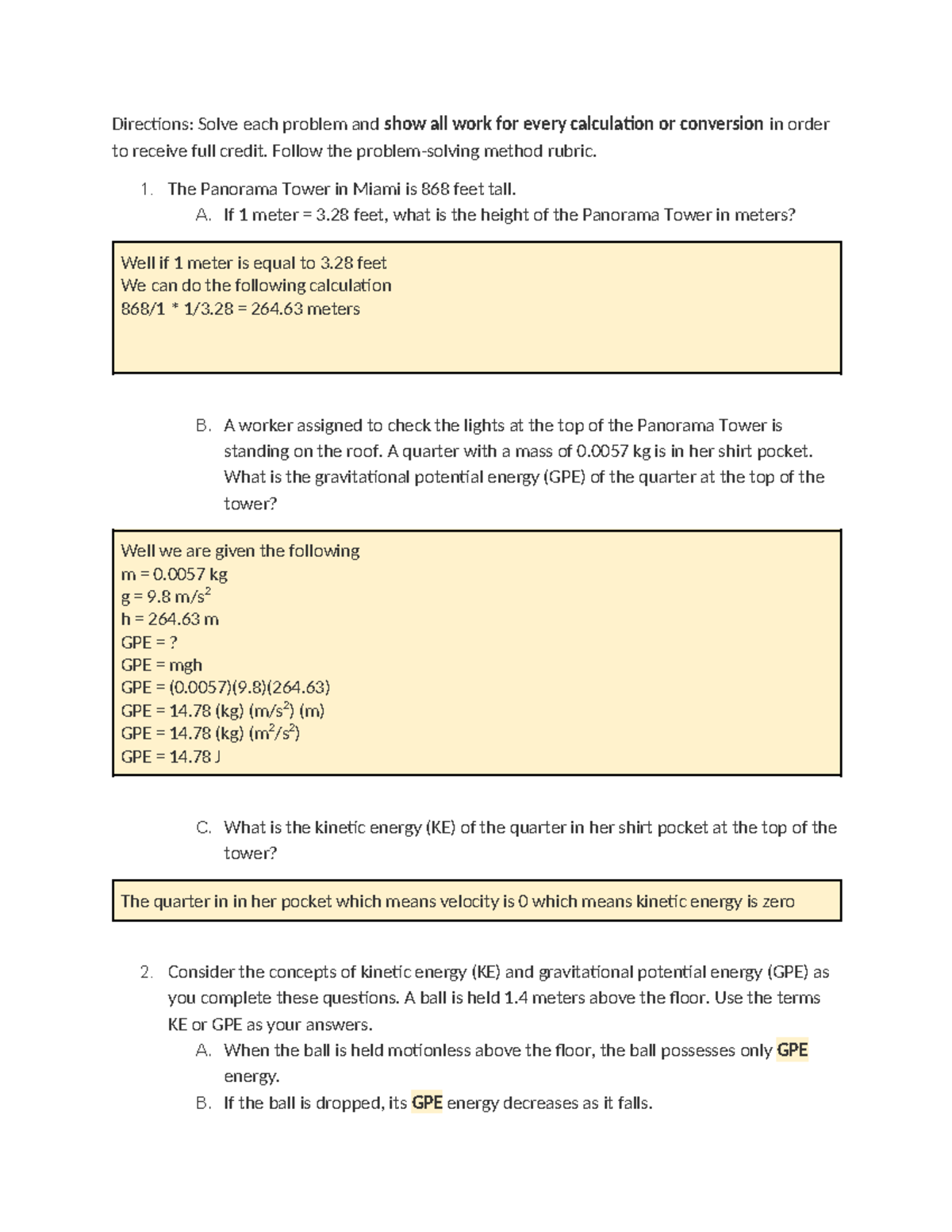Physics 101: Energy Calculations on GPE & KE Problems - Studocu