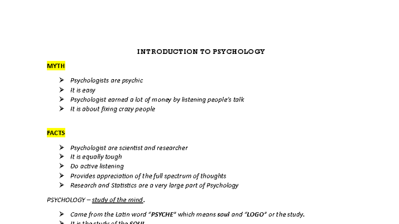 Introduction to Psychology: Myths, Facts, and Research Methods (PSY101 FNL) - Studocu