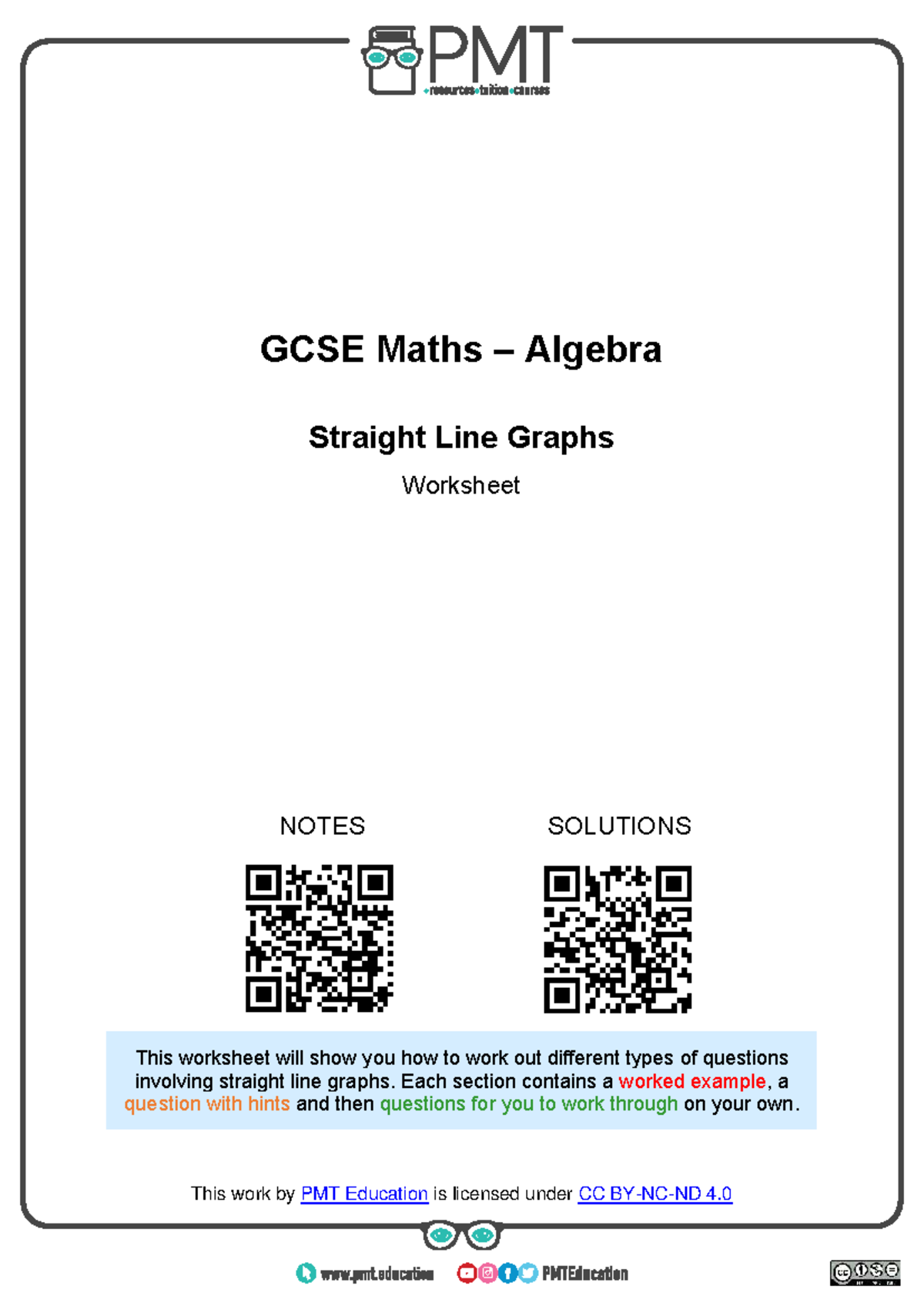 GCSE Maths: Algebra - Straight Line Graphs Worksheet & Solutions - Studocu