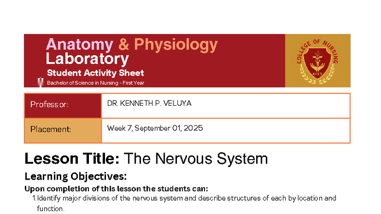 A&P Nervous System Lab Activity Sheet for BSN First Year - Studocu